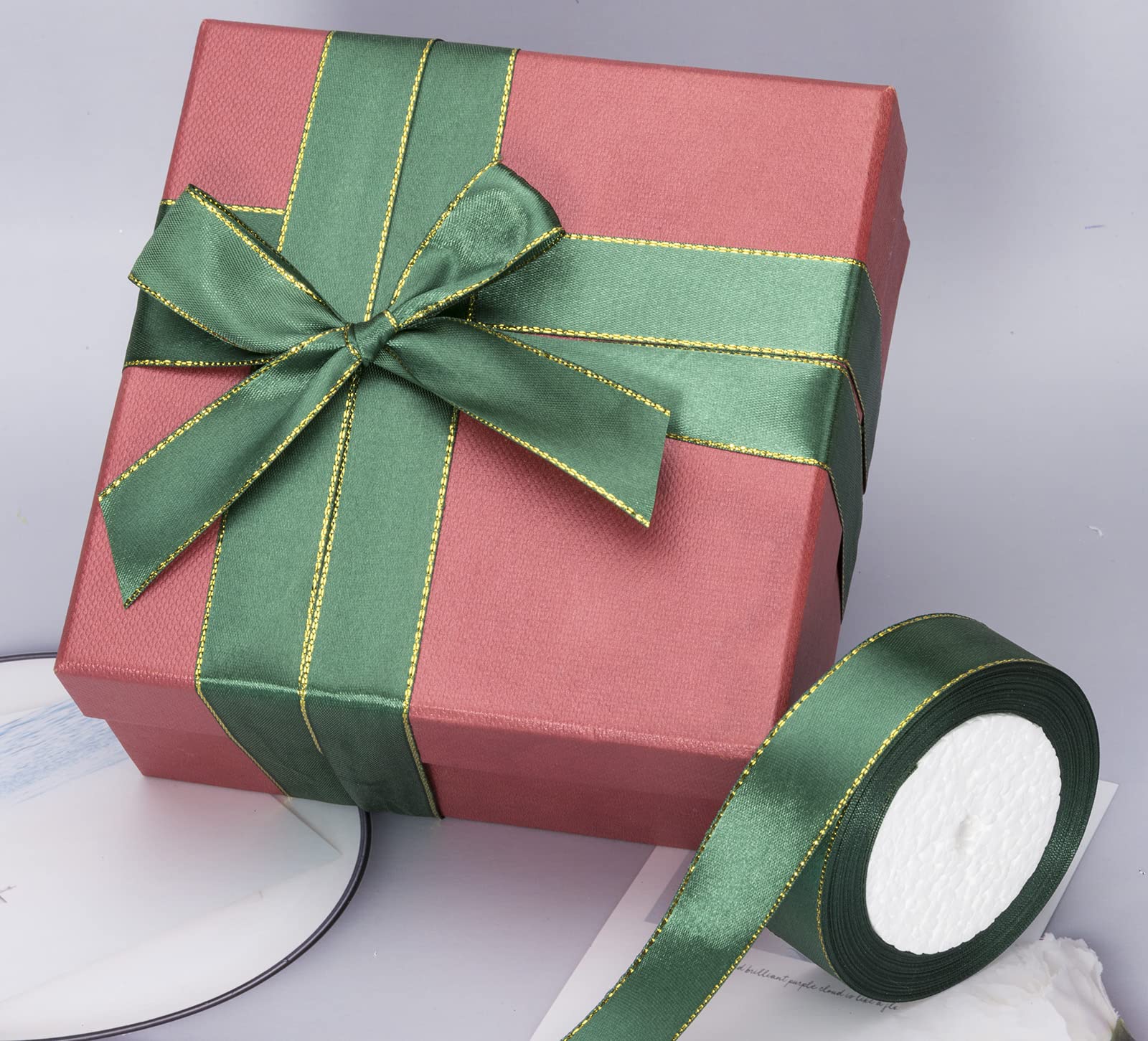 YASEO 25 Yards 1 Inch Dark Green Satin Ribbon with Gold Edges, Gold Border Fabric Ribbons for Gift Wrapping and Crafts
