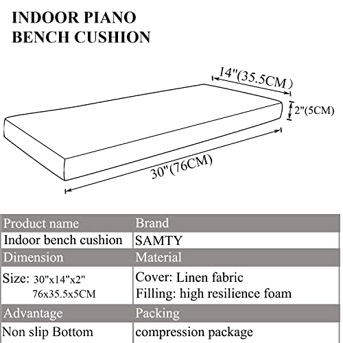 Piano Bench Cushions with Ties Non Slip Memory Foam for Indoor Shoe Storage, Window Seat, Patio Seating, Dining Room Sette Bench pad 30x14 inch, Grey