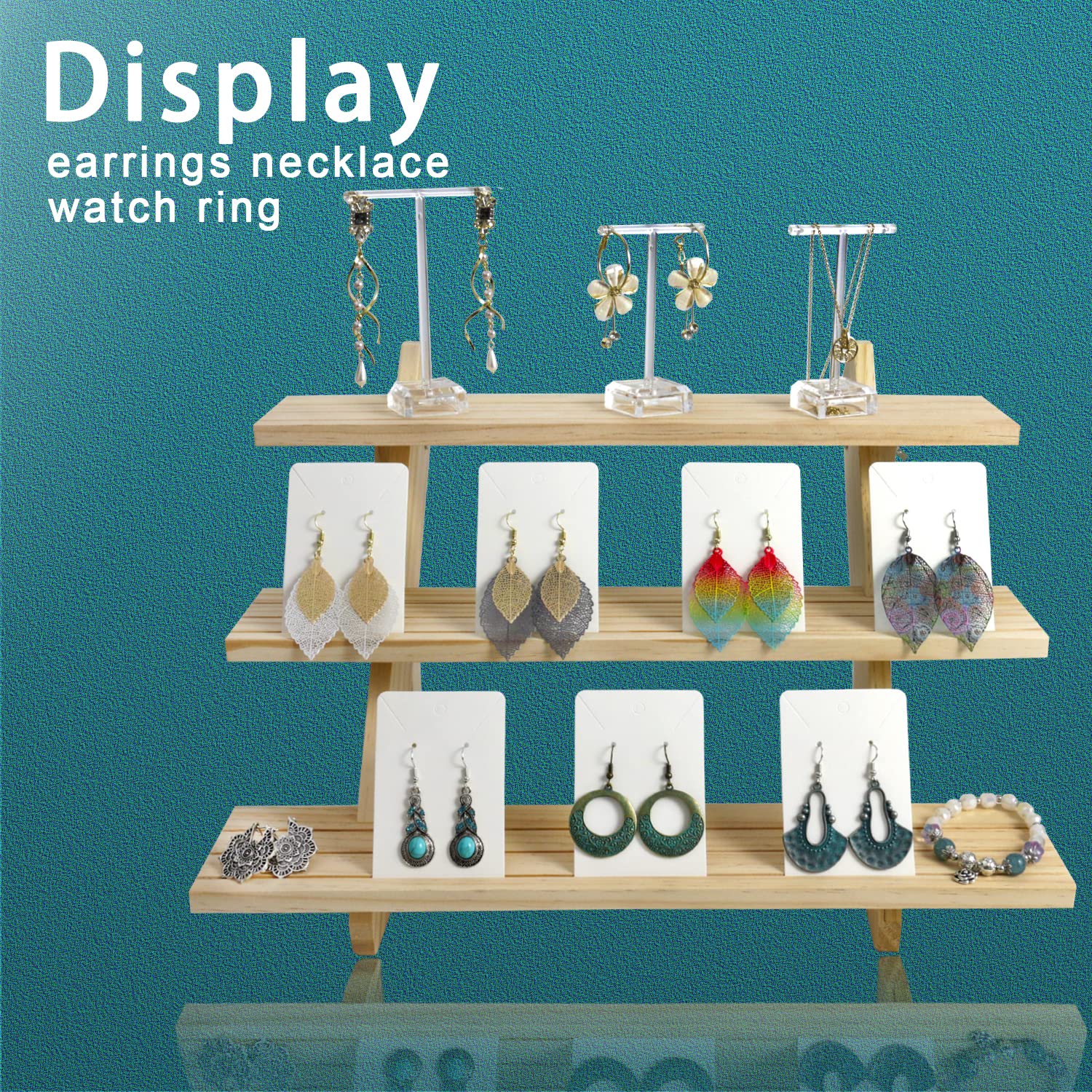 Auroal 3 Tier Earring Display Stands For Selling, Retail Display Riser Earring, Ring Holder Stand, Removable Countertop Small Merchandise Display Stand, for Figures,Cupcake, Photo (Wood color)