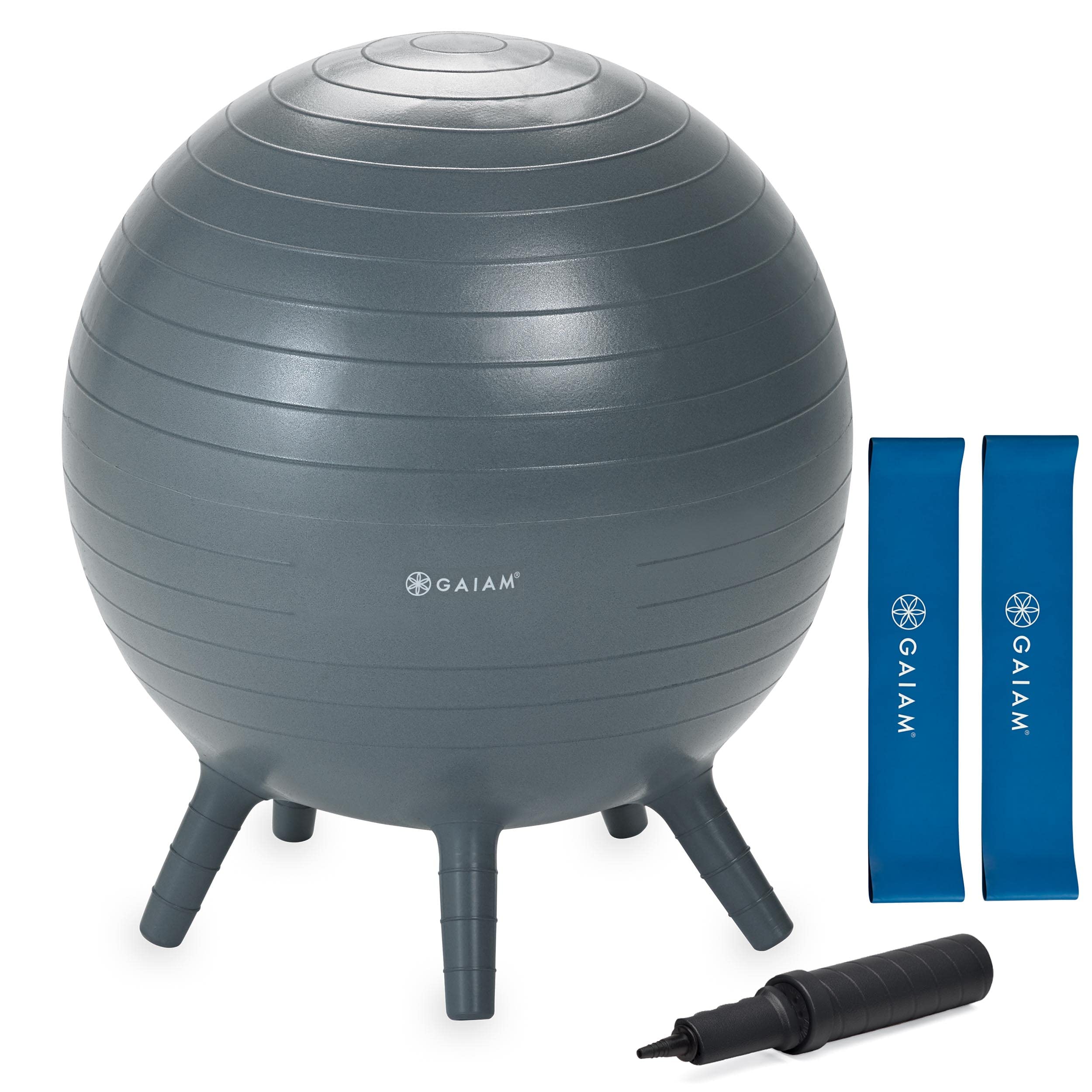 Gaiam Kids Stay-N-Play Ball Children's Balance Ball Chair with Chair Bands - Flexible School Active Classroom Desk Alternative Seating with Chair Fidget Band - Built-in Stability Legs - 45cm, Grey