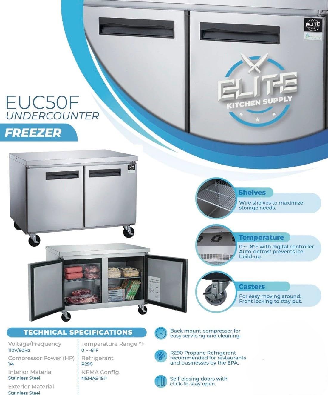 Commercial Undercounter Freezer, ETL NSF 2-Door Upright, 48.125" W 12.2 cu. ft. Auto-Defrost, Stainless Steel Restaurant