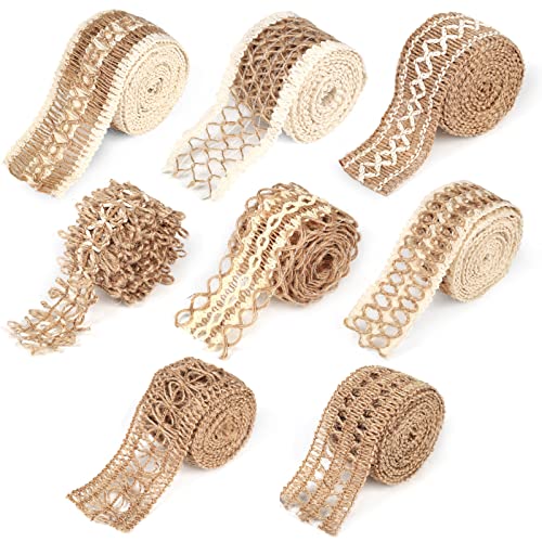 VGOODALL Jute Ribbons, 8 Rolls Burlap Lace Ribbons Rustic Ribbons for Crafts Gift Wrapping Party Decor