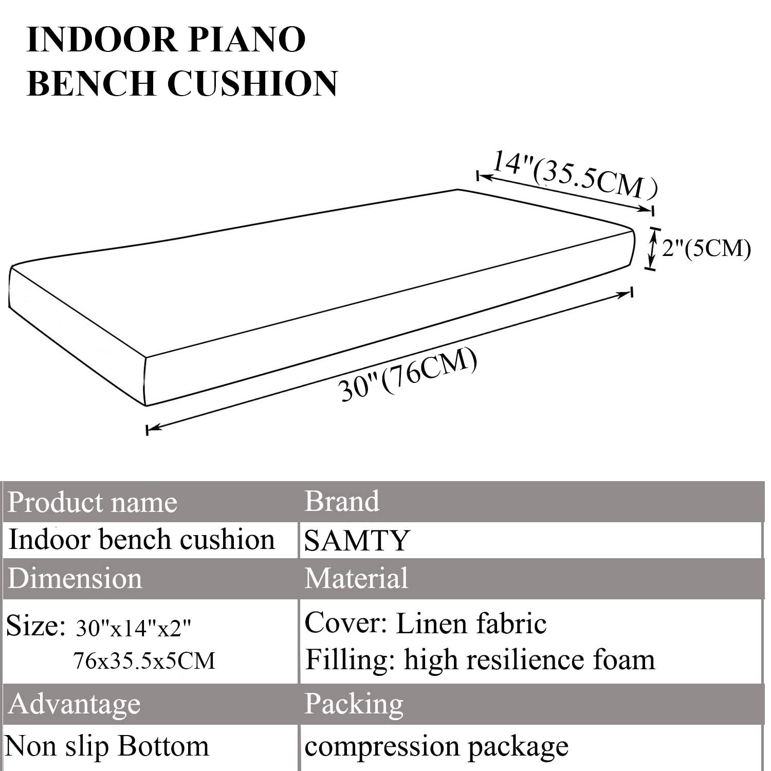 Piano Bench Cushions with Non Slip for Indoor Shoe Storage, Window Seat, Patio Seating, Dining Settee Bench Pad 30x14 inch, Khaki