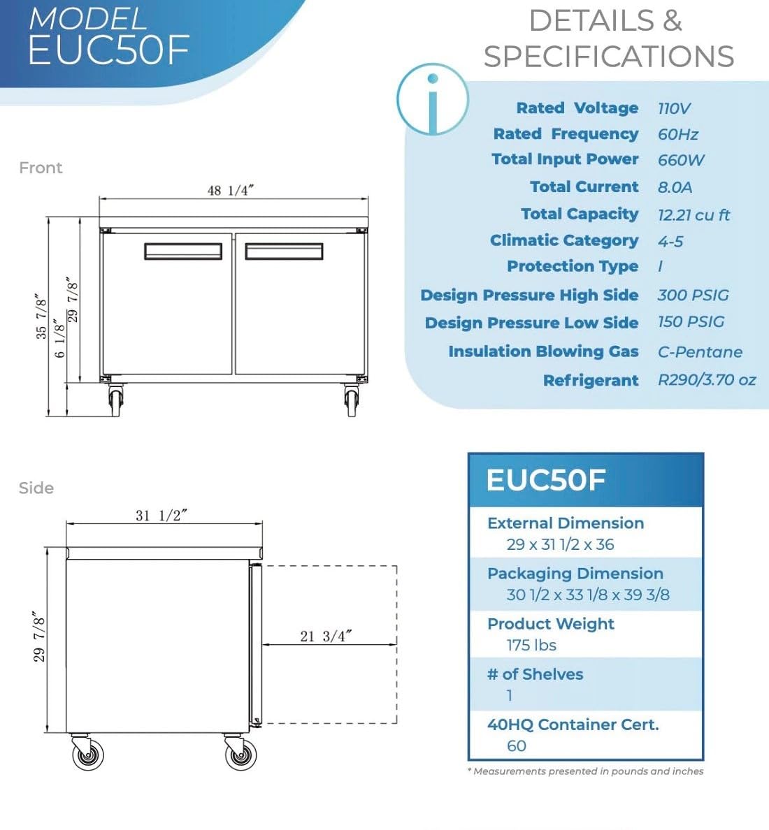 Commercial Undercounter Freezer, ETL NSF 2-Door Upright, 48.125" W 12.2 cu. ft. Auto-Defrost, Stainless Steel Restaurant
