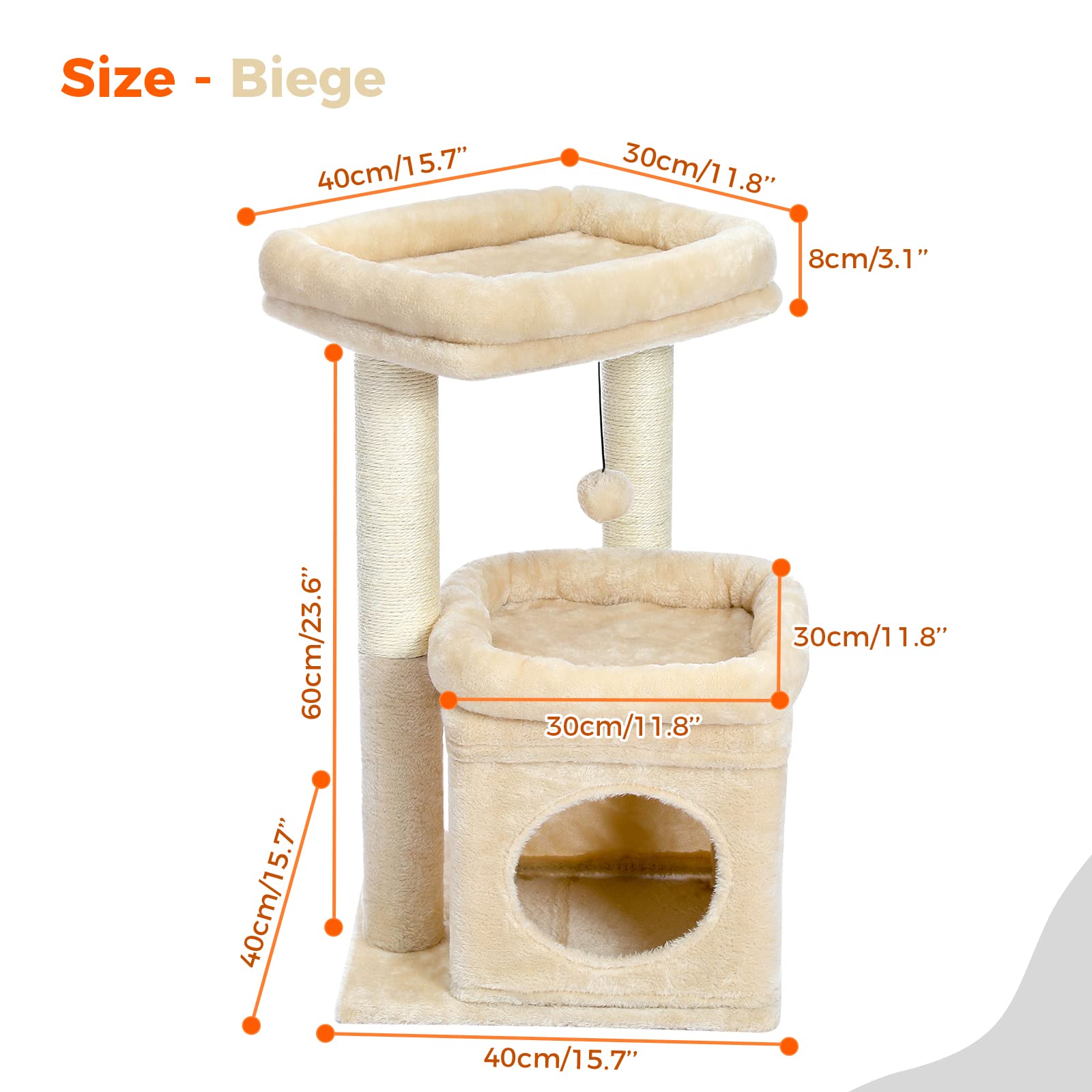 PEQULTI Cat Tree Cat Tower for Indoor Cats with Private Cozy Cat Condo, Natural Sisal Scratching Posts and Plush Pom-pom for Small Cats,Beige