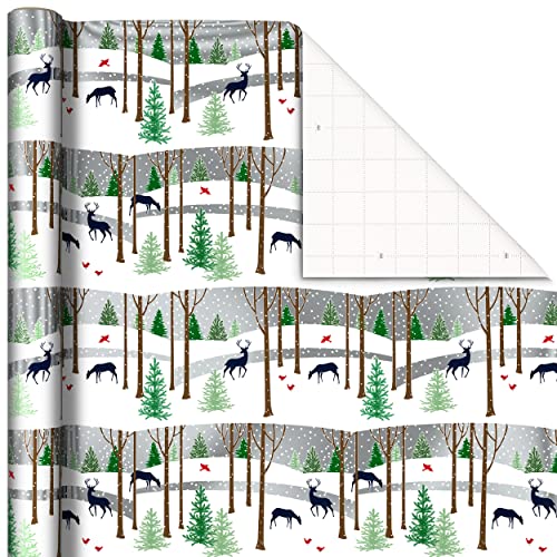 Hallmark Foil Holiday Wrapping Paper with Cut Lines on Reverse (3 Rolls: 60 sq. ft. ttl) Woodland Scene with Deer, Green and Navy Blue Plaid, Wreaths on Navy Blue