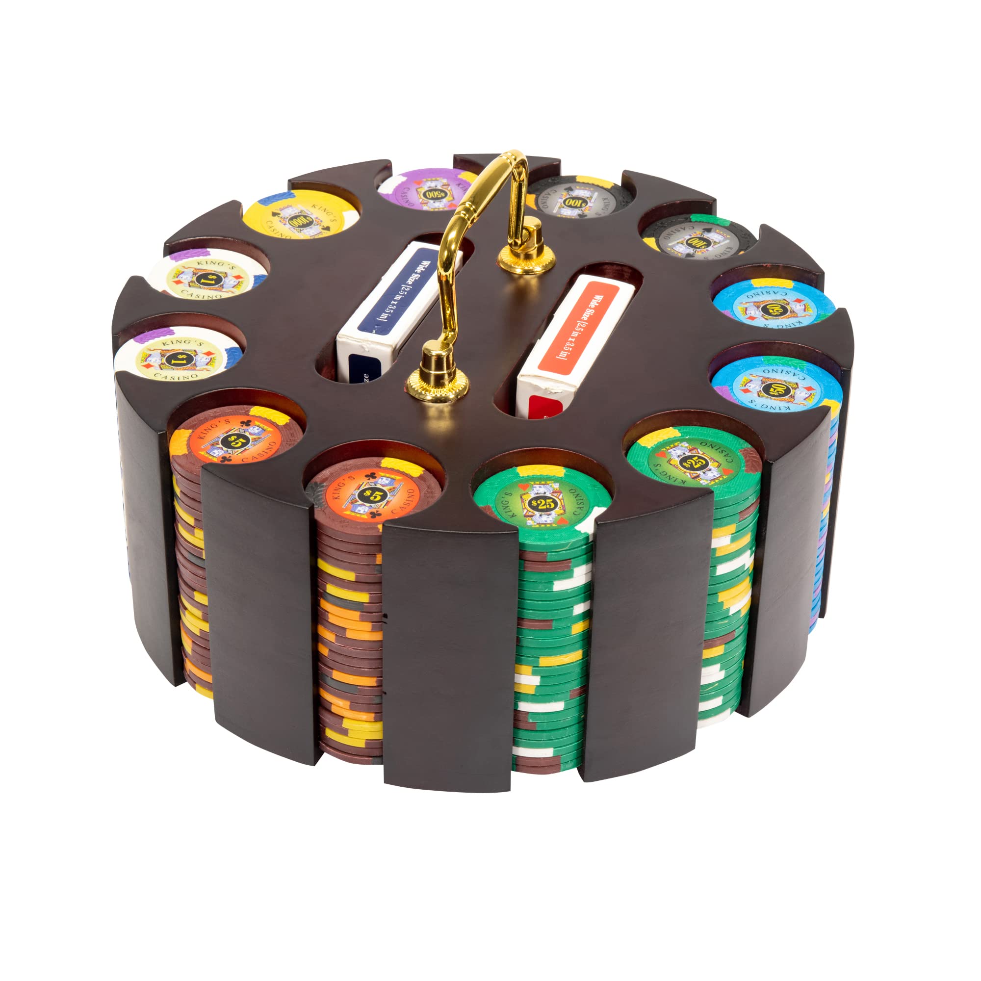 MBGBrybelly King's Casino Poker Chip Set in Wooden Carousel Carry Case - Casino Clay Composite 14-Gram Quality Chips - Convenient Rotating Tray Includes Playing Card Decks - Chip Protection (300 ct)