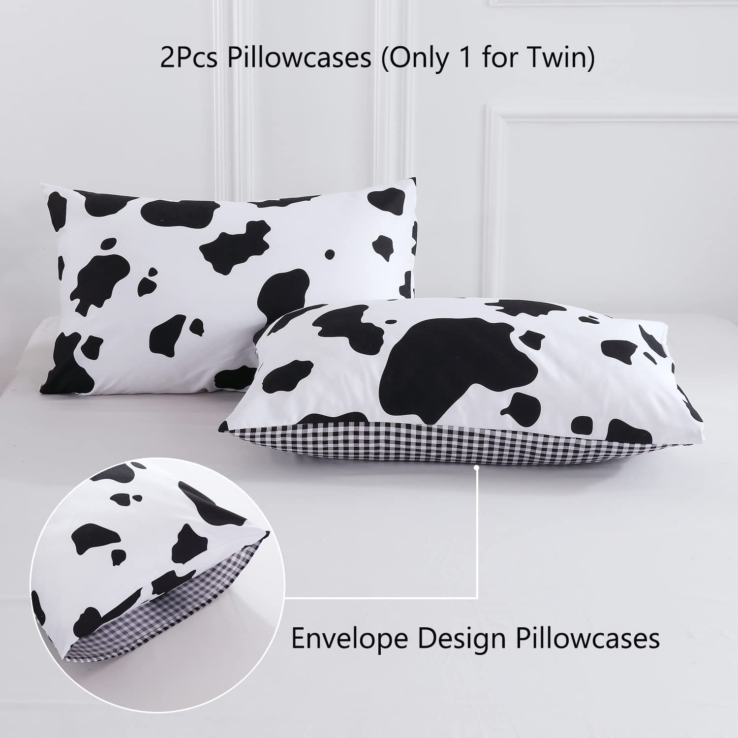 PERFEMET Cow Print Boys Comforter Set Full Size, 3-Piece Black White Geometric Kids Girls Bedding Set, Reversible Plaid Teen Boy Bed Sets with Pillowcases (Full, Black and White)