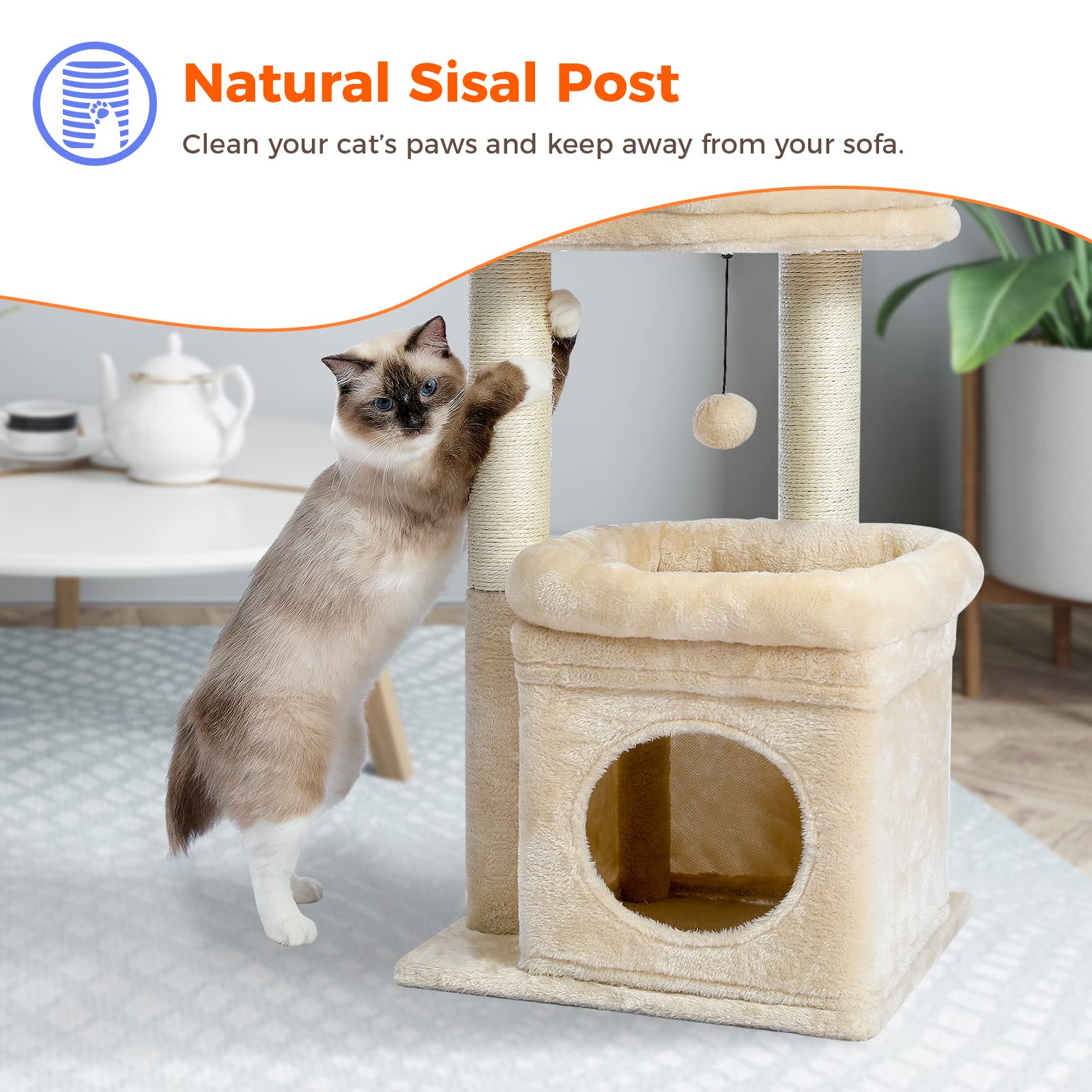 PEQULTI Cat Tree Cat Tower for Indoor Cats with Private Cozy Cat Condo, Natural Sisal Scratching Posts and Plush Pom-pom for Small Cats,Beige
