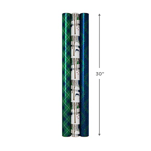 Hallmark Foil Holiday Wrapping Paper with Cut Lines on Reverse (3 Rolls: 60 sq. ft. ttl) Woodland Scene with Deer, Green and Navy Blue Plaid, Wreaths on Navy Blue