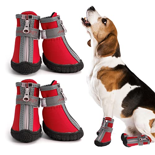 MUSIMC Dog Shoes for Small Medium Dogs Waterproof Puppy Dog Boots with Safety Reflective Dog Paw Protectors for Winter Hot Pavement Rainy Day with Anti Slip Rubber Sole (Red, Size 2)