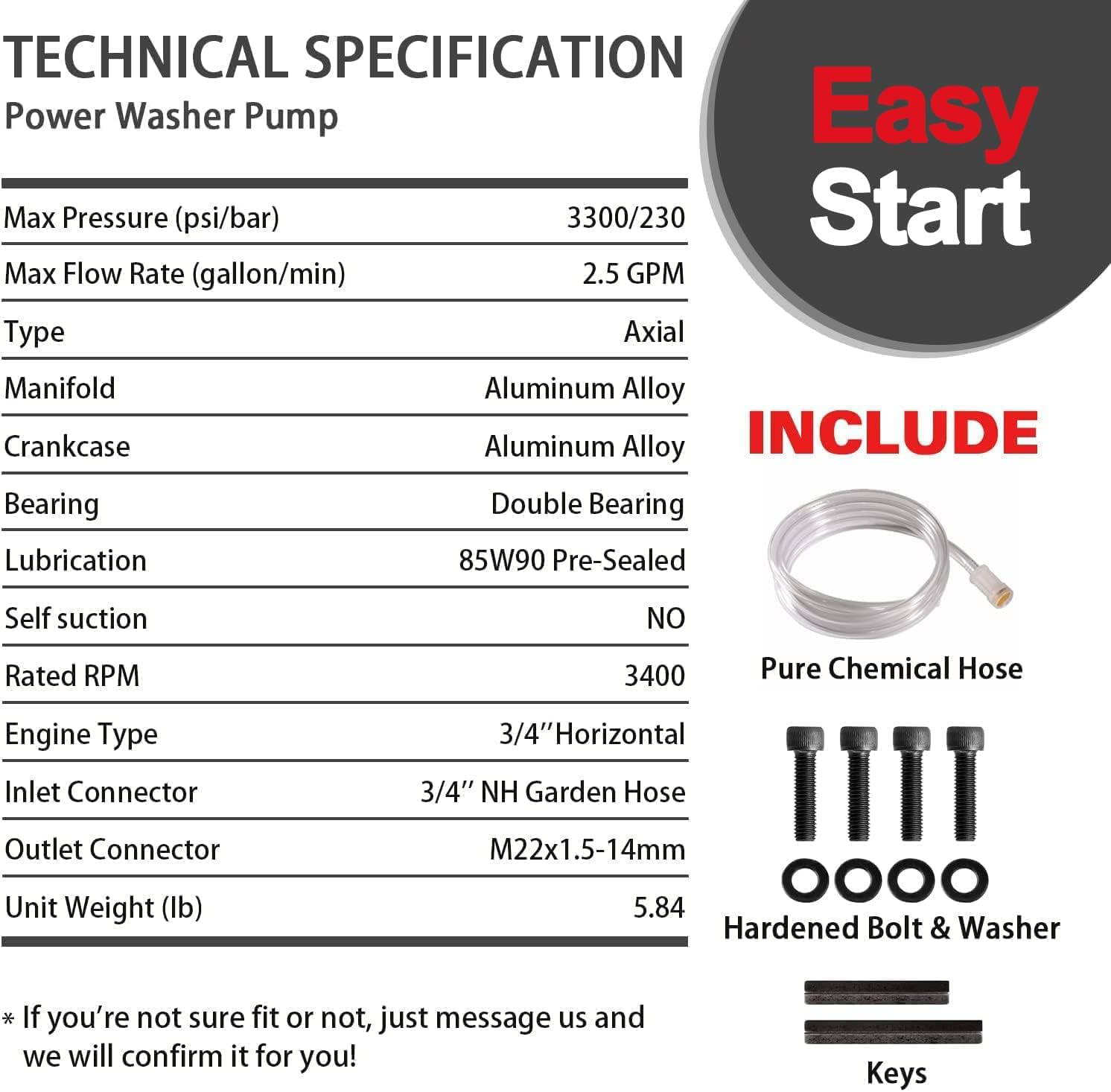 YAMATIC 3/4" Shaft Horizontal Pressure Washer Pump 3300 PSI @ 2.5 GPM Brass Head Power Washing Pump Replacement for Simpson MSH3125,MSH3125-S,520004, Karcher G3050OH and More