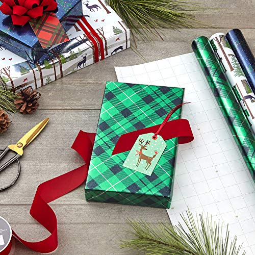 Hallmark Foil Holiday Wrapping Paper with Cut Lines on Reverse (3 Rolls: 60 sq. ft. ttl) Woodland Scene with Deer, Green and Navy Blue Plaid, Wreaths on Navy Blue