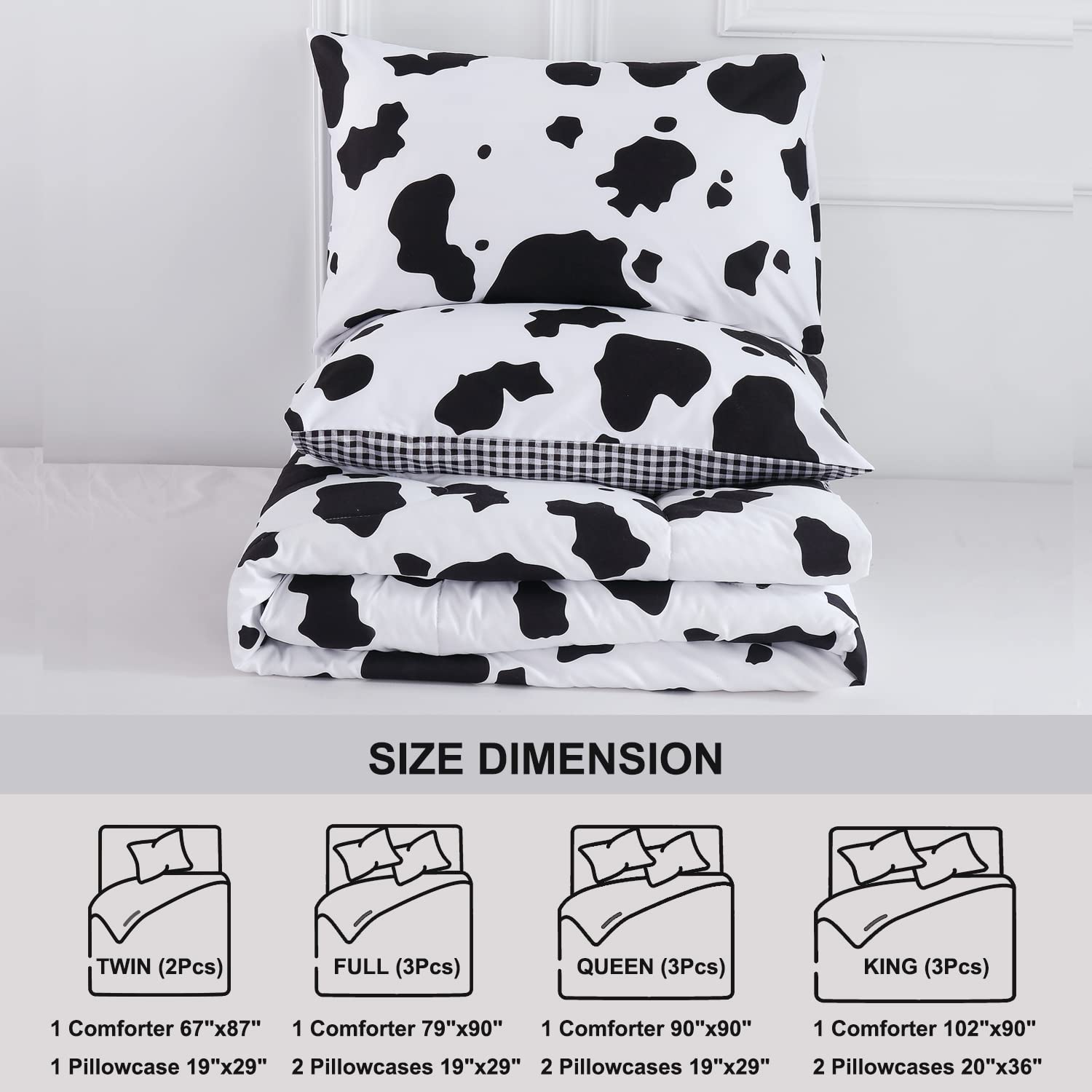 PERFEMET Cow Print Boys Comforter Set Full Size, 3-Piece Black White Geometric Kids Girls Bedding Set, Reversible Plaid Teen Boy Bed Sets with Pillowcases (Full, Black and White)