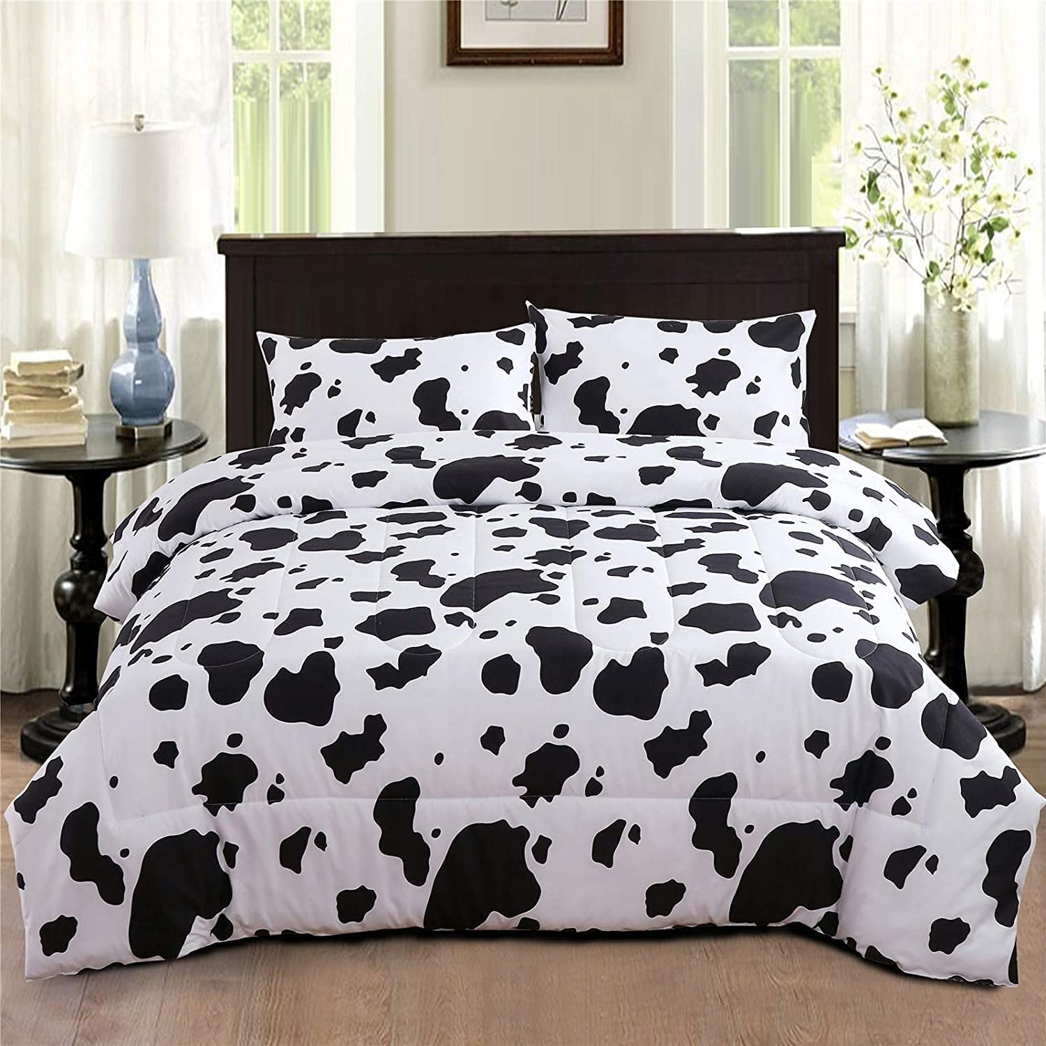 PERFEMET Cow Print Boys Comforter Set Full Size, 3-Piece Black White Geometric Kids Girls Bedding Set, Reversible Plaid Teen Boy Bed Sets with Pillowcases (Full, Black and White)