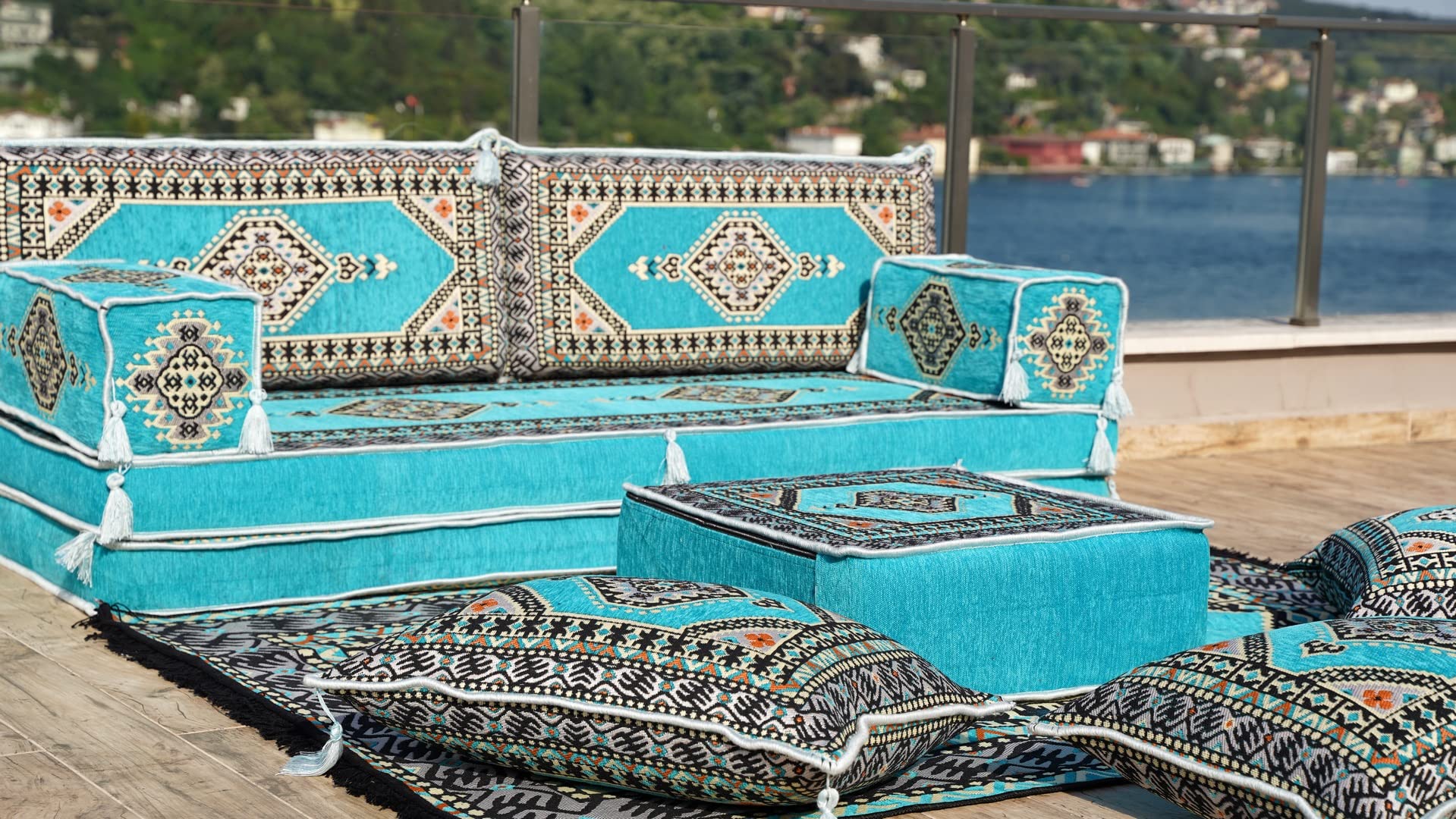 Turquoise Turkish Floor Sofas, 8" Thickness Floor Couch, Reading Sofa Pillow, Window Seat, Bench cushion, Meditation Yoga Loveseat, Healing Room Floor Cushion, Sofa Covers (Sofa Full Set)