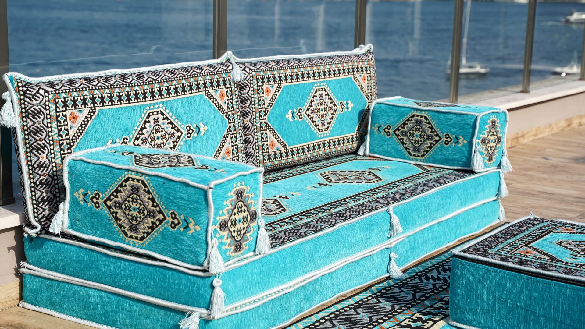 Turquoise Turkish Floor Sofas, 8" Thickness Floor Couch, Reading Sofa Pillow, Window Seat, Bench cushion, Meditation Yoga Loveseat, Healing Room Floor Cushion, Sofa Covers (Sofa Full Set)