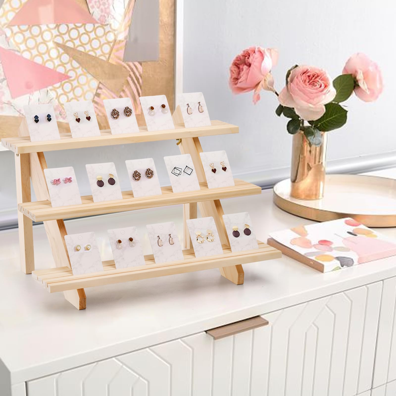 Coloch 3 Tier Wooden Cupcake Stand, Rustic Retail Display Riser Jewelry Holder Stand, for Cupcakes, Desserts, Brooch, Bracelet, Tabletop Jewelry Display, 15.8 x 9x 10.2 Inch