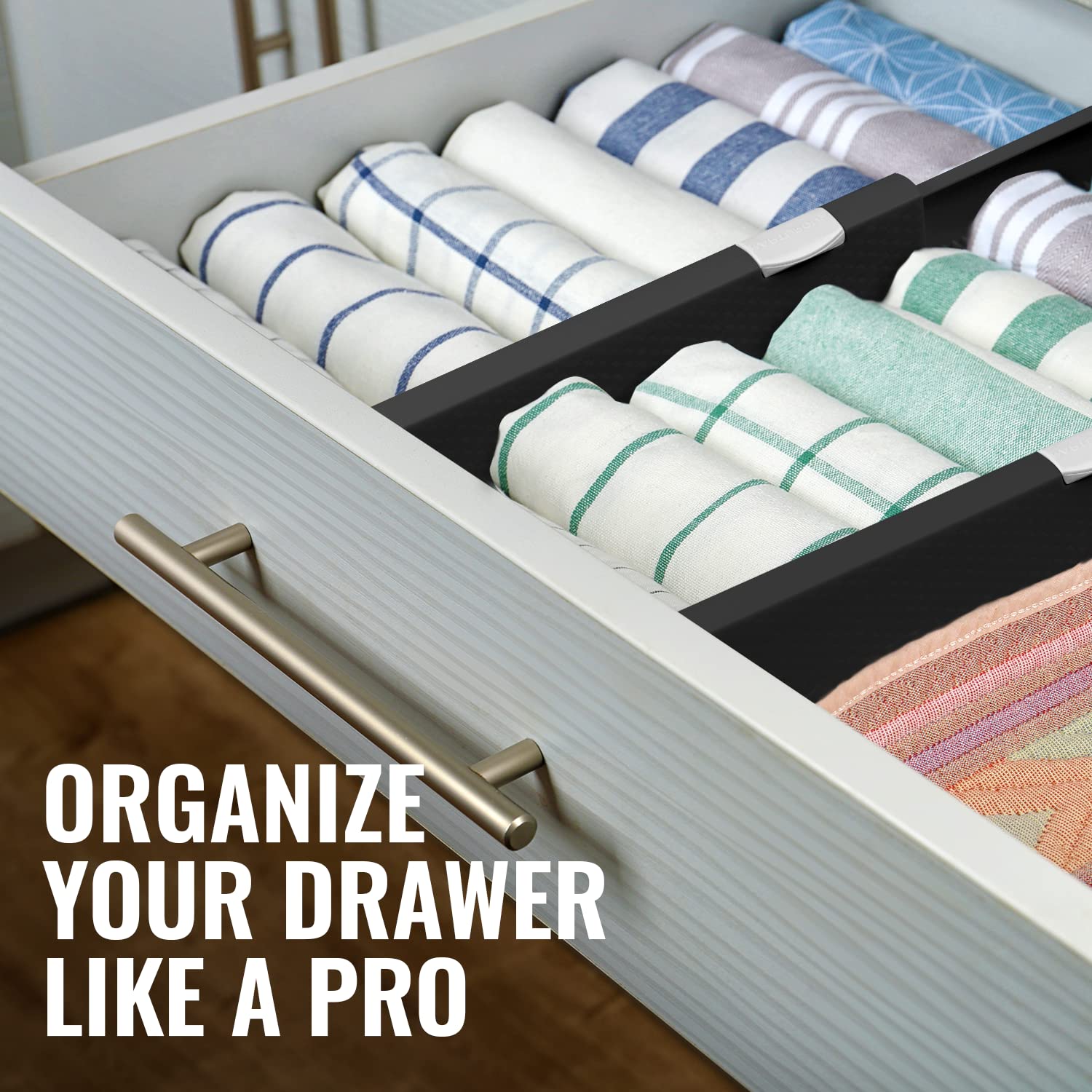 RAPTUROUS Deep Drawer Dividers 3 Pack, 6 Inch Tall, 13-22 Inch Long Expandable, Adjustable Drawer Organizer for Clothing, Dresser, Kitchen, Strong Hold, Soft Foam Edges, Black