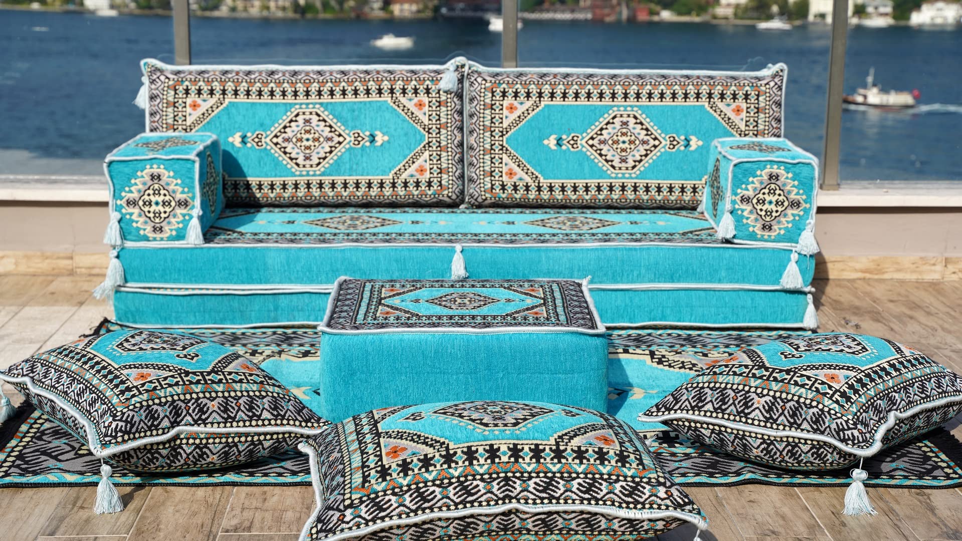 Turquoise Turkish Floor Sofas, 8" Thickness Floor Couch, Reading Sofa Pillow, Window Seat, Bench cushion, Meditation Yoga Loveseat, Healing Room Floor Cushion, Sofa Covers (Sofa Full Set)