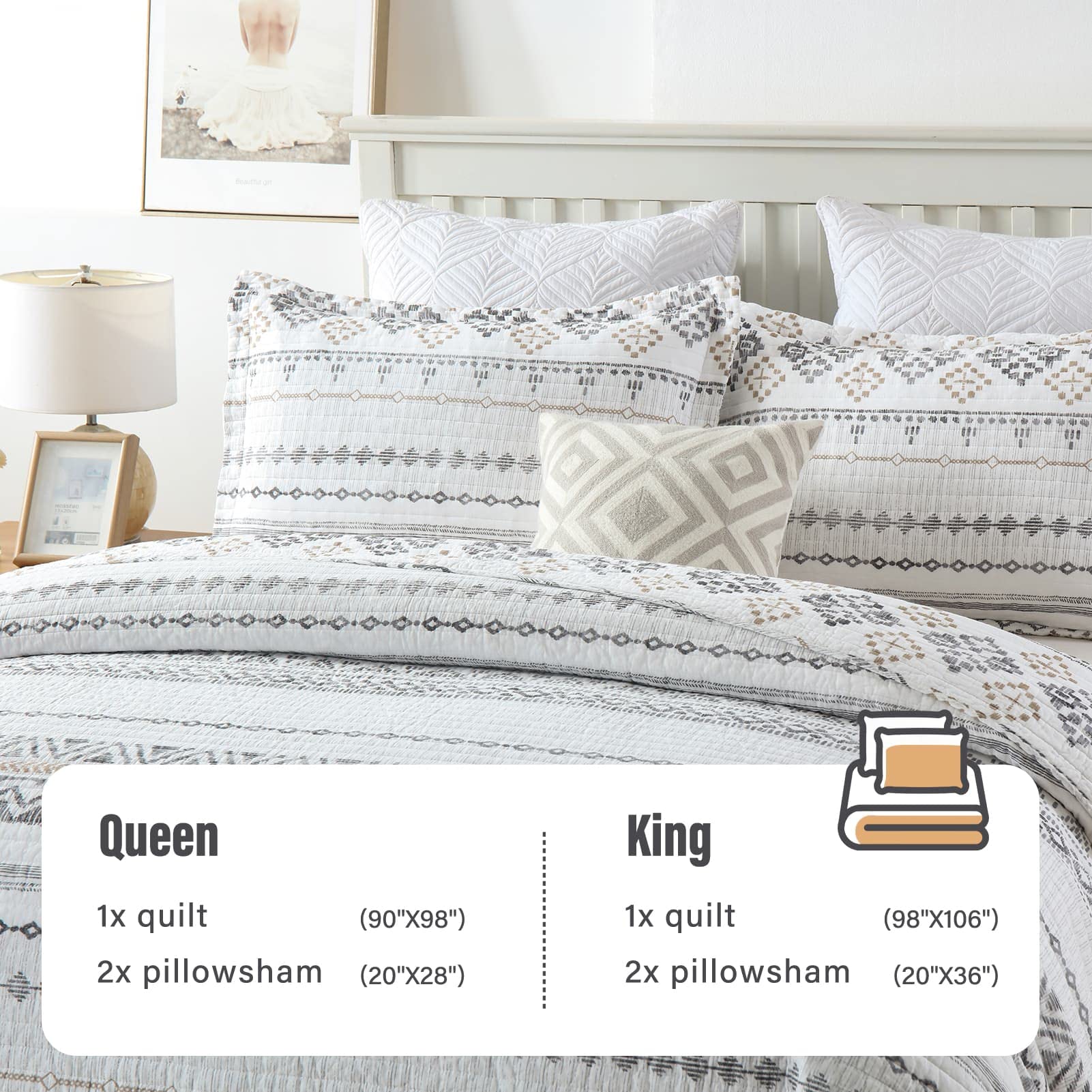 Y-PLWOMEN Queen Size Quilt 100% Cotton Boho Queen Quilts, White Queen Quilt Sets, Lightweight Bohemian Queen Size Bedspreads for All Season, 3 Piece