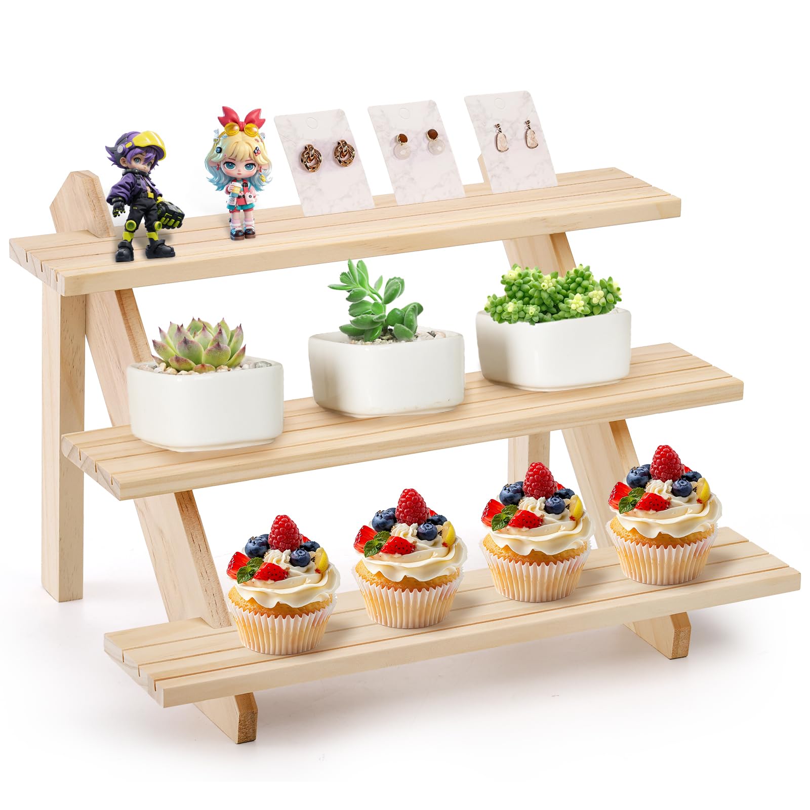 Coloch 3 Tier Wooden Cupcake Stand, Rustic Retail Display Riser Jewelry Holder Stand, for Cupcakes, Desserts, Brooch, Bracelet, Tabletop Jewelry Display, 15.8 x 9x 10.2 Inch