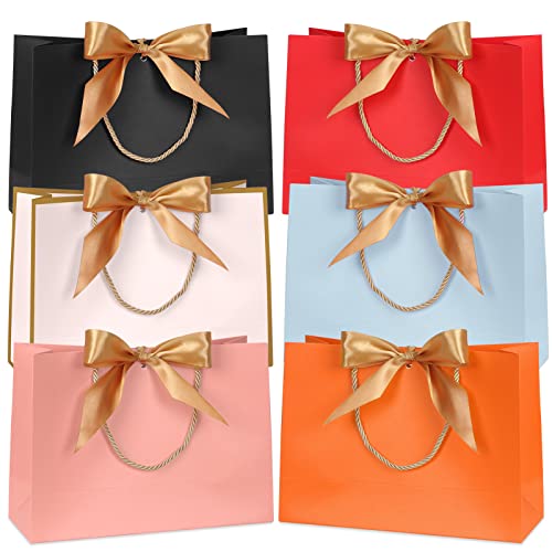 Colorlife Gift Bags 6 Pack Small Favor Bags with Handles and Bow Ribbon 11 x 3.9 x 7.8 inch Waterproof Colorful Paper Gift Bags for Baby Shower, Birthday, Wedding, Party, Festival, Holiday, 6 Colors