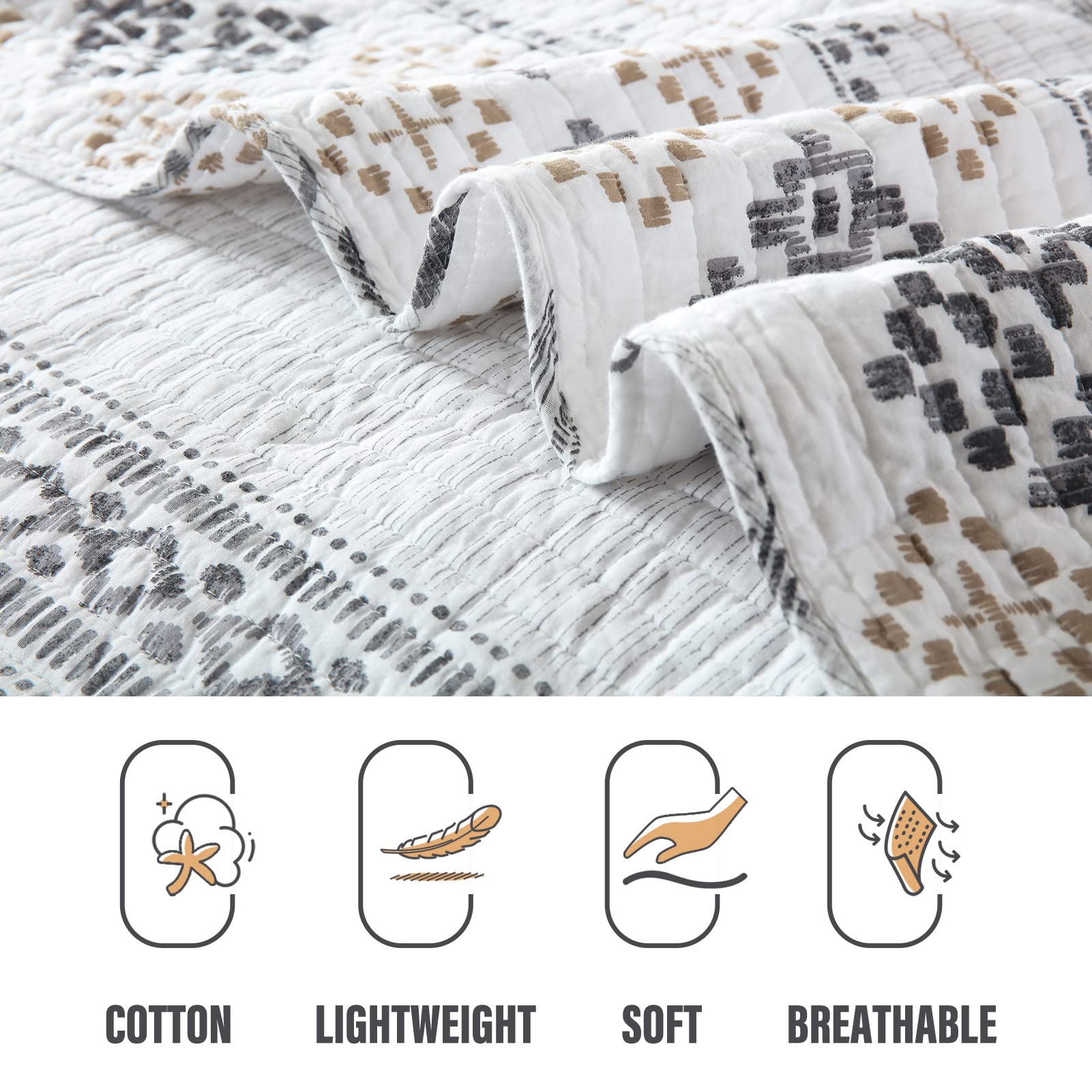 Y-PLWOMEN Queen Size Quilt 100% Cotton Boho Queen Quilts, White Queen Quilt Sets, Lightweight Bohemian Queen Size Bedspreads for All Season, 3 Piece