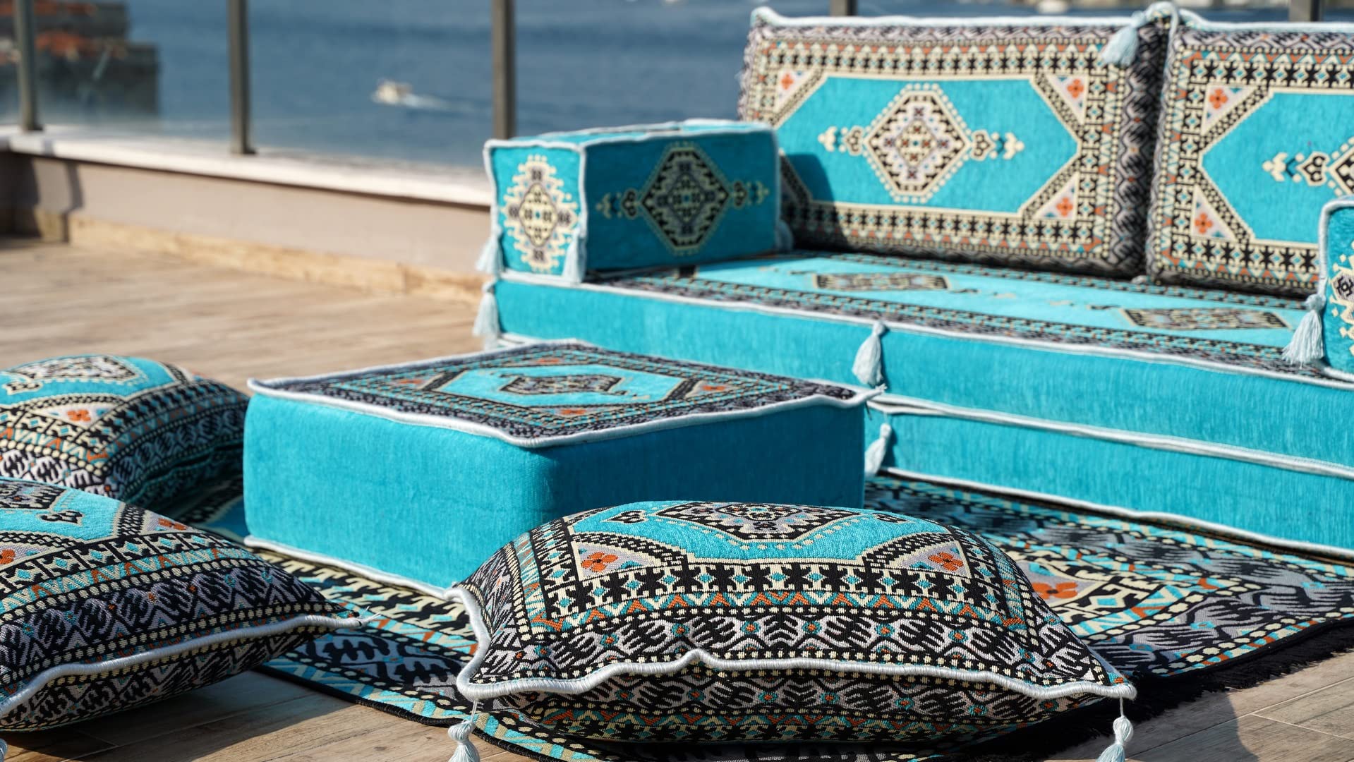Turquoise Turkish Floor Sofas, 8" Thickness Floor Couch, Reading Sofa Pillow, Window Seat, Bench cushion, Meditation Yoga Loveseat, Healing Room Floor Cushion, Sofa Covers (Sofa Full Set)