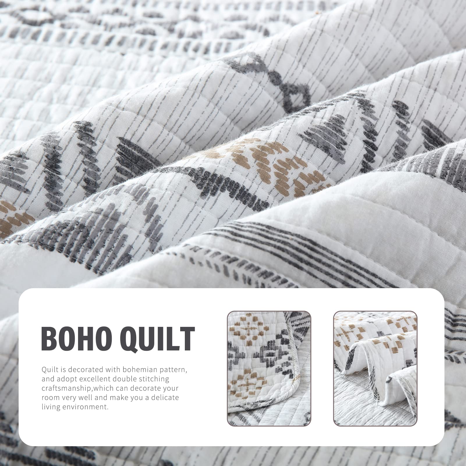 Y-PLWOMEN Queen Size Quilt 100% Cotton Boho Queen Quilts, White Queen Quilt Sets, Lightweight Bohemian Queen Size Bedspreads for All Season, 3 Piece