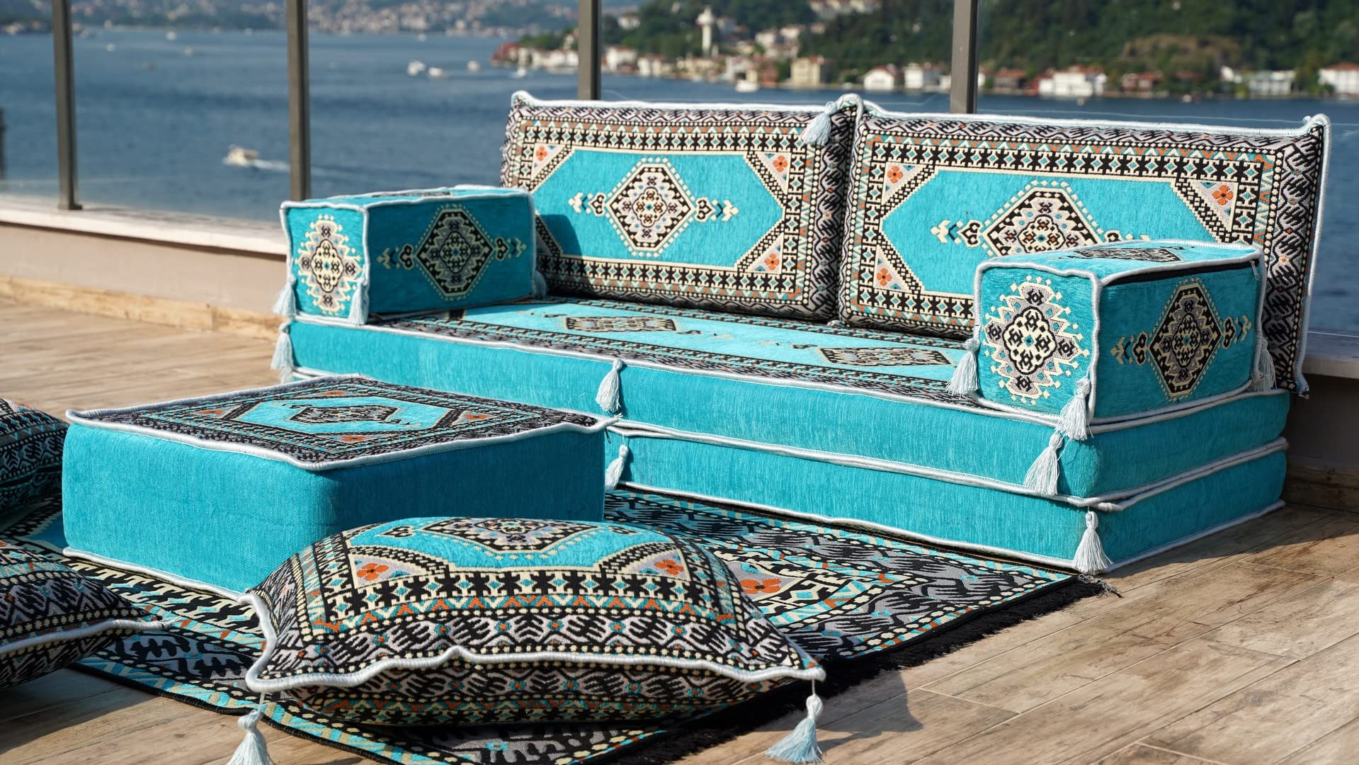 Turquoise Turkish Floor Sofas, 8" Thickness Floor Couch, Reading Sofa Pillow, Window Seat, Bench cushion, Meditation Yoga Loveseat, Healing Room Floor Cushion, Sofa Covers (Sofa Full Set)