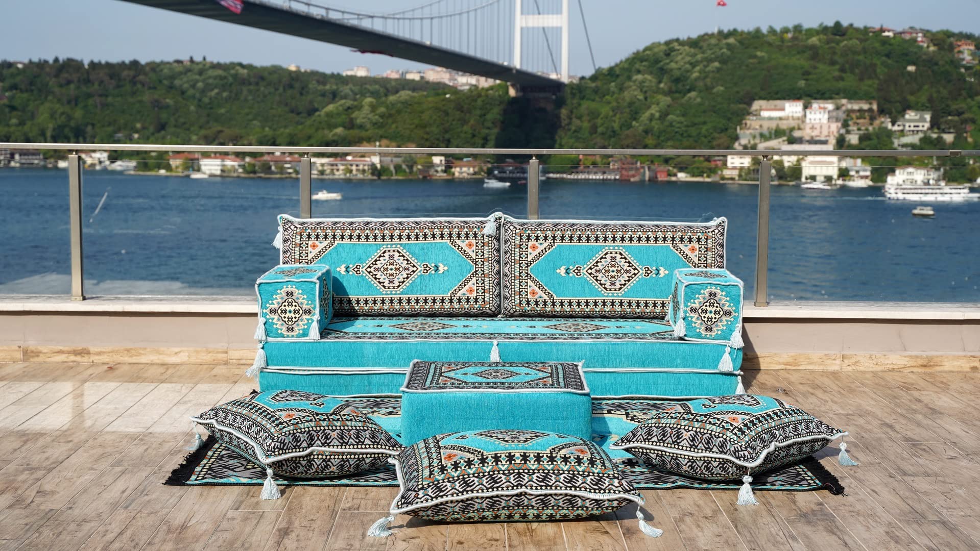 Turquoise Turkish Floor Sofas, 8" Thickness Floor Couch, Reading Sofa Pillow, Window Seat, Bench cushion, Meditation Yoga Loveseat, Healing Room Floor Cushion, Sofa Covers (Sofa Full Set)