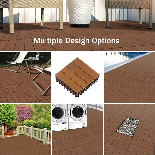 Interlocking Deck Tiles - 6-Pack 11.6-in Wood Plastic Composite All-Weather Outdoor Flooring Balcony Poolside or Patio by Pure Garden (Brown)