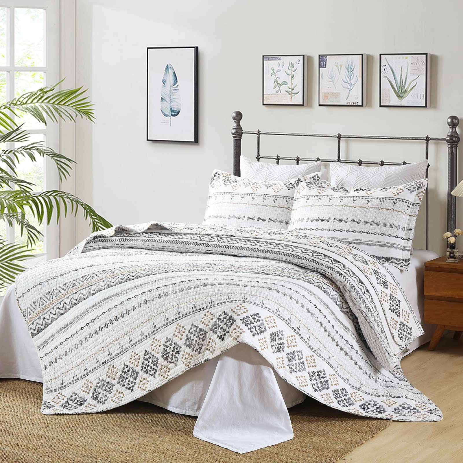 Y-PLWOMEN Queen Size Quilt 100% Cotton Boho Queen Quilts, White Queen Quilt Sets, Lightweight Bohemian Queen Size Bedspreads for All Season, 3 Piece