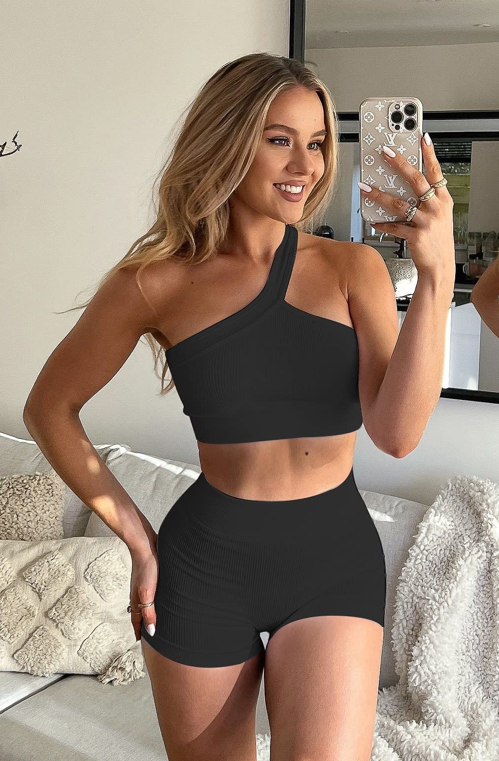 OLCHEE Womens One Shoulder Workout Sets 2 Piece - Seamless Ribbed Gym Outfits Crop Top and Mini Shorts Matching Yoga Athletic Clothing Set - Black Large