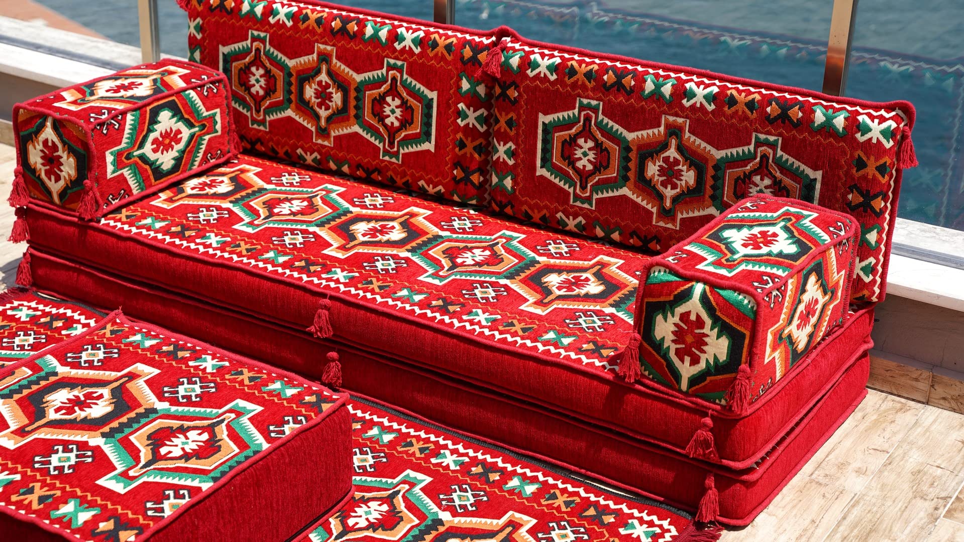 Oriental Cushions, Arabic Majlis, Arabic Floor Couch, Reading Loveseat, 8" Thickness Moroccan Floor Seating Set, Moroccan Home Decor Cushion (Sofa + Rug + Ottoman)