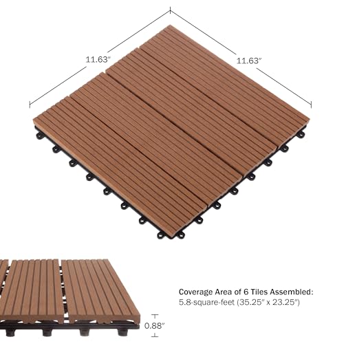 Interlocking Deck Tiles - 6-Pack 11.6-in Wood Plastic Composite All-Weather Outdoor Flooring Balcony Poolside or Patio by Pure Garden (Brown)