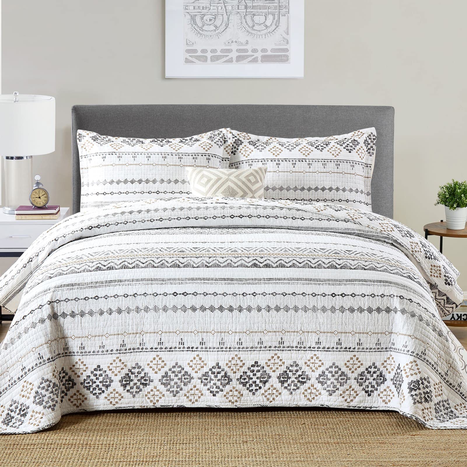 Y-PLWOMEN Queen Size Quilt 100% Cotton Boho Queen Quilts, White Queen Quilt Sets, Lightweight Bohemian Queen Size Bedspreads for All Season, 3 Piece