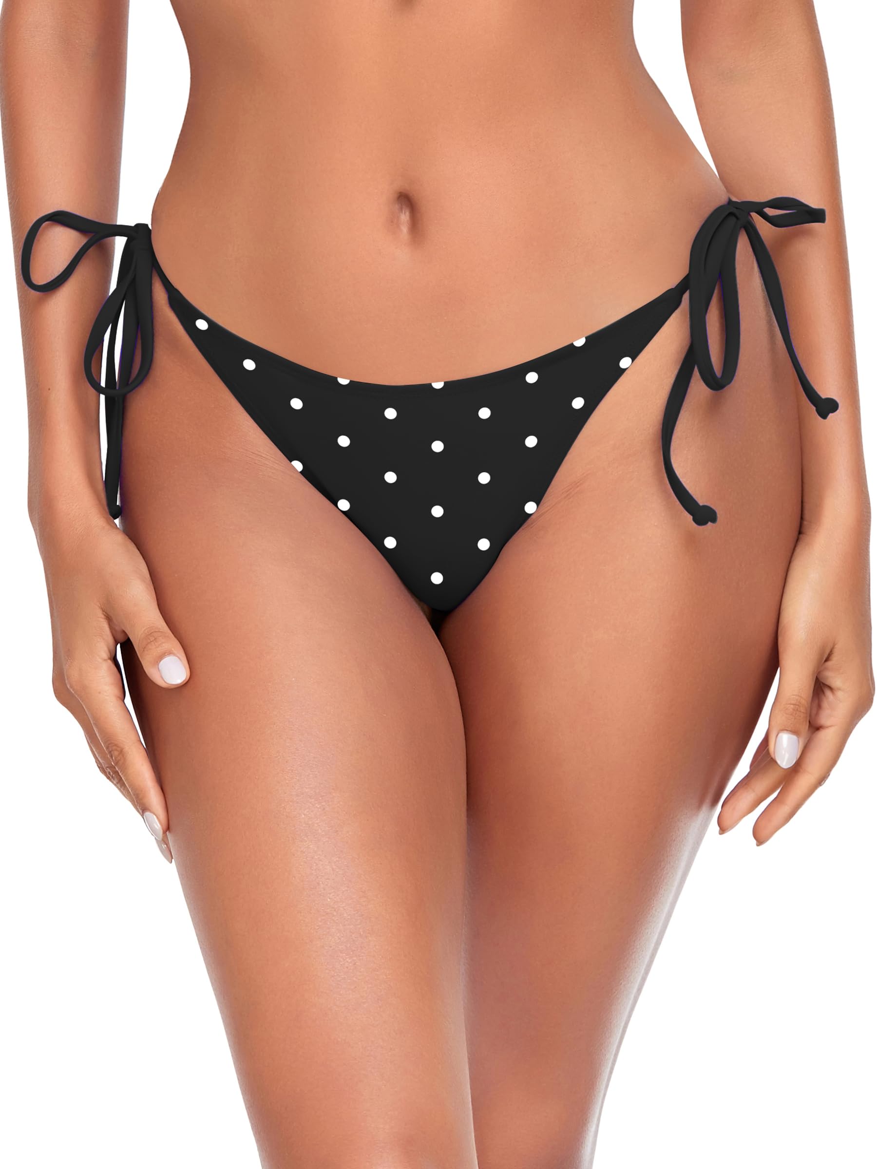 RELLECIGA Women's Black Polka Dot Tie-side Thong Bikini Bottom Size X-Small