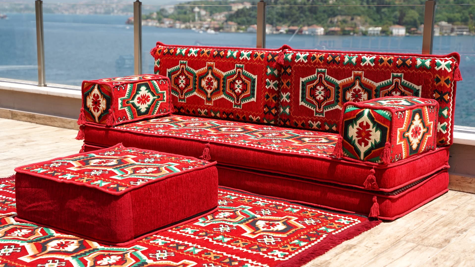 Oriental Cushions, Arabic Majlis, Arabic Floor Couch, Reading Loveseat, 8" Thickness Moroccan Floor Seating Set, Moroccan Home Decor Cushion (Sofa + Rug + Ottoman)