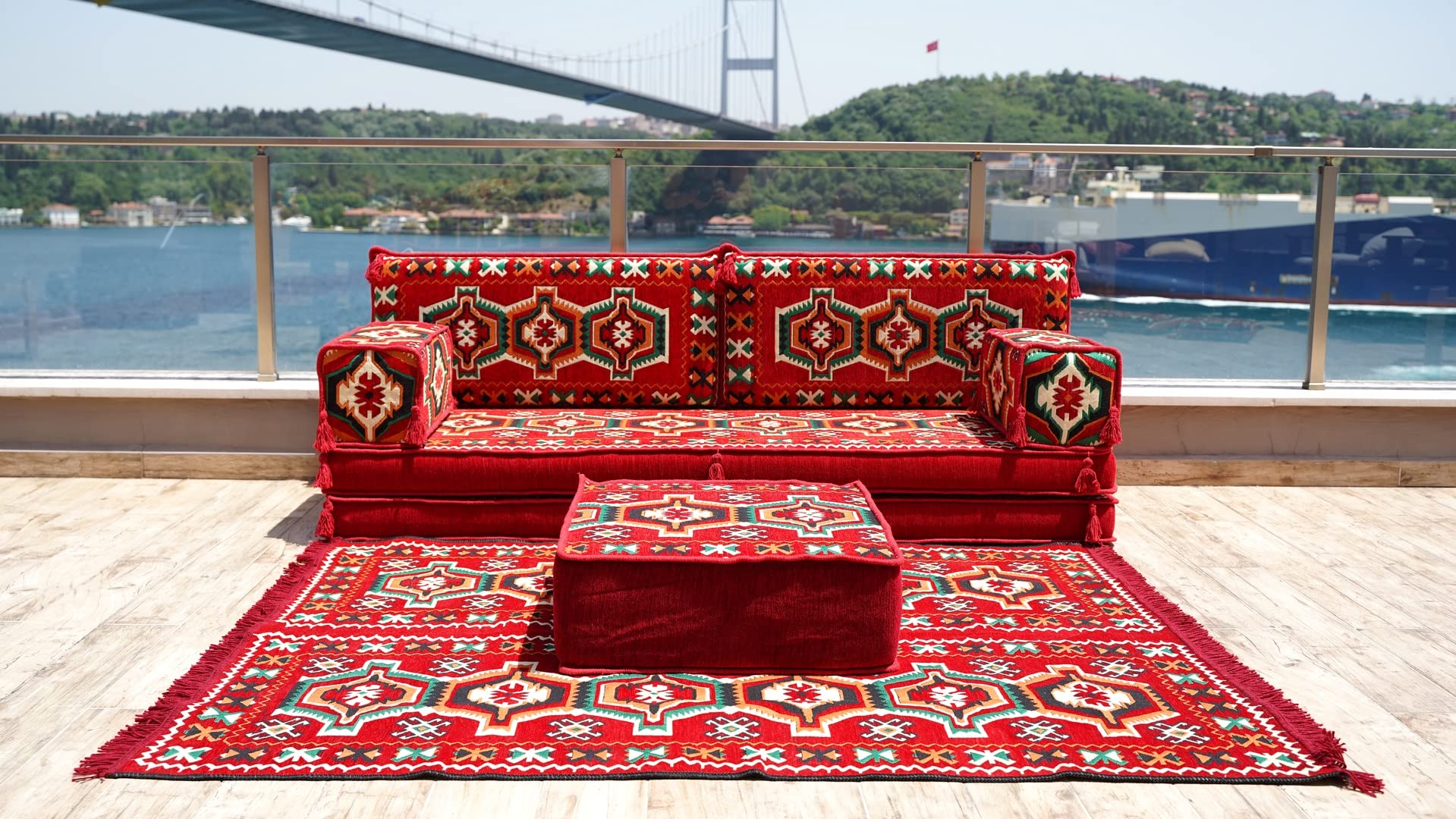 Oriental Cushions, Arabic Majlis, Arabic Floor Couch, Reading Loveseat, 8" Thickness Moroccan Floor Seating Set, Moroccan Home Decor Cushion (Sofa + Rug + Ottoman)