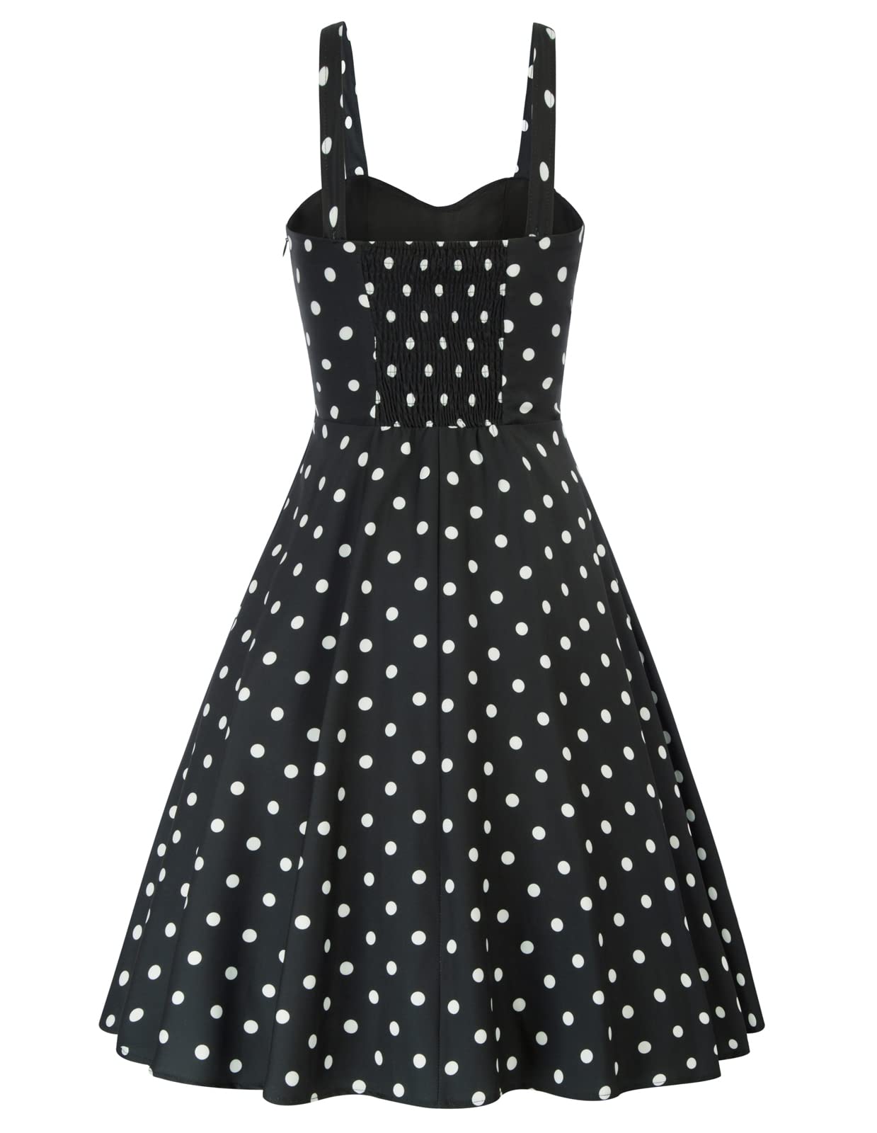 Vintage Dress for Women 1950s Summer Spaghetti Strap Ruched A-Line Flowy Swing Dress Black Polka Dot Dress L