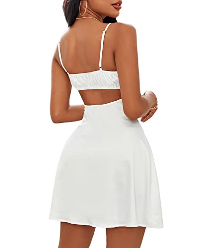 Rooscier Women's Spaghetti Strap Lace Satin Slip Nightwear Sexy Party Mini Dress Bright White Small