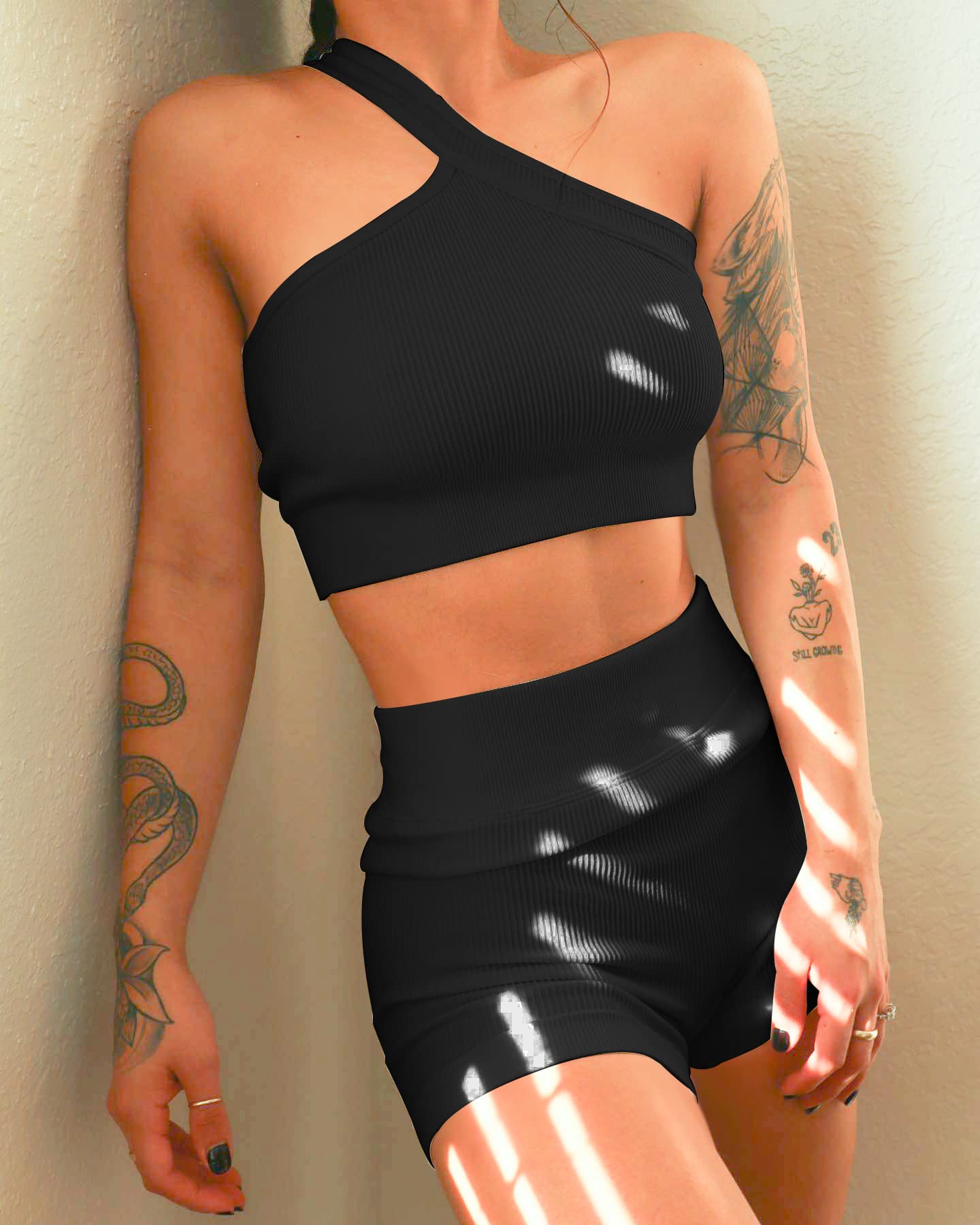 OLCHEE Womens One Shoulder Workout Sets 2 Piece - Seamless Ribbed Gym Outfits Crop Top and Mini Shorts Matching Yoga Athletic Clothing Set - Black Large
