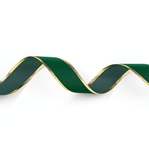 LaRibbons Wired Christmas Holiday Ribbon - Green with Gold Edges Velvet Ribbon - 1.5 inch x 25 Yard Each Roll
