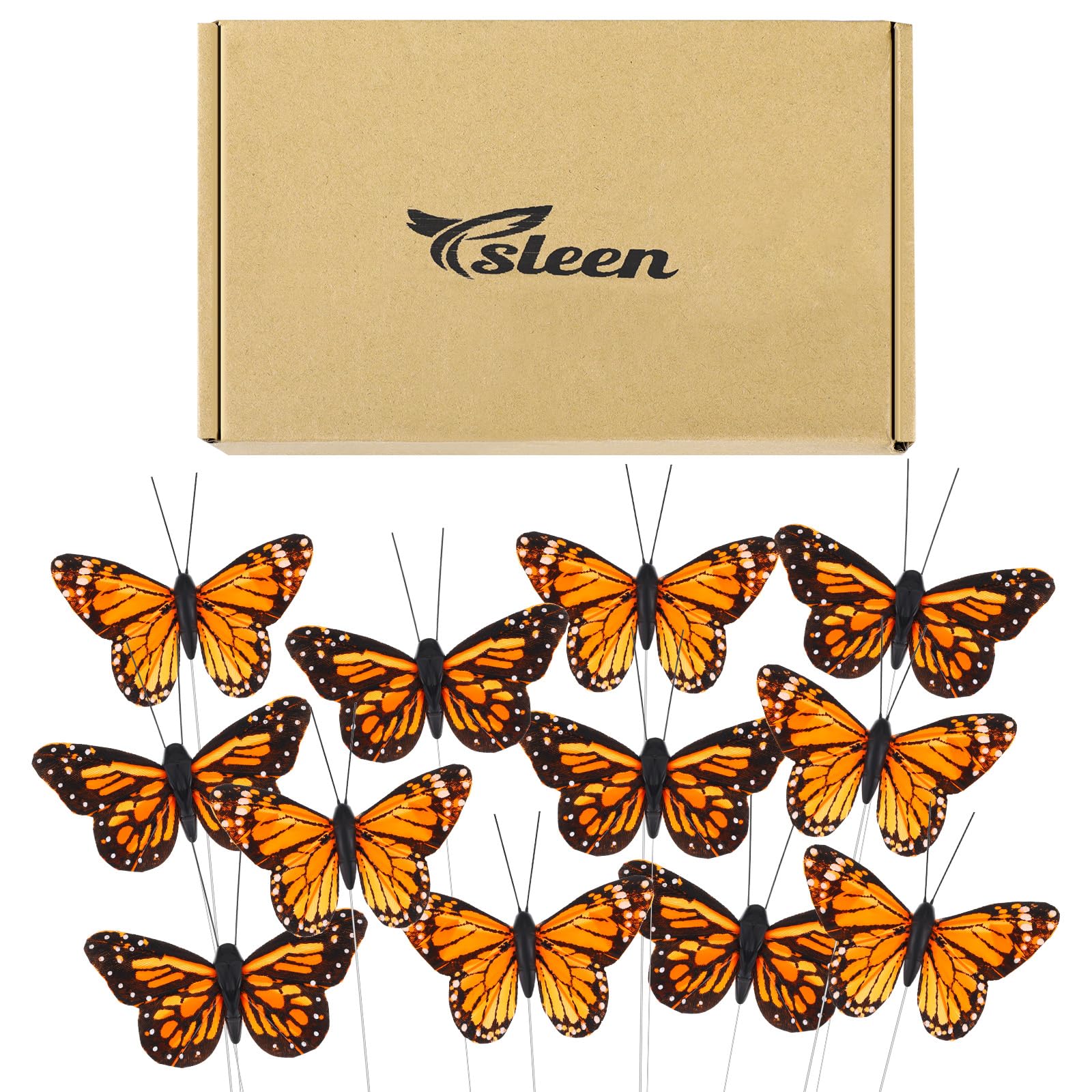 Ysleen 12 Set Monarch Butterfly Crafts Decoration Feather Butterflies Picks for Arrangements Garland Spring Floral Flower Stick Wire Artificial Fake DIY Art Crafts Supplies(4 x 3 Inch,Orange Color)