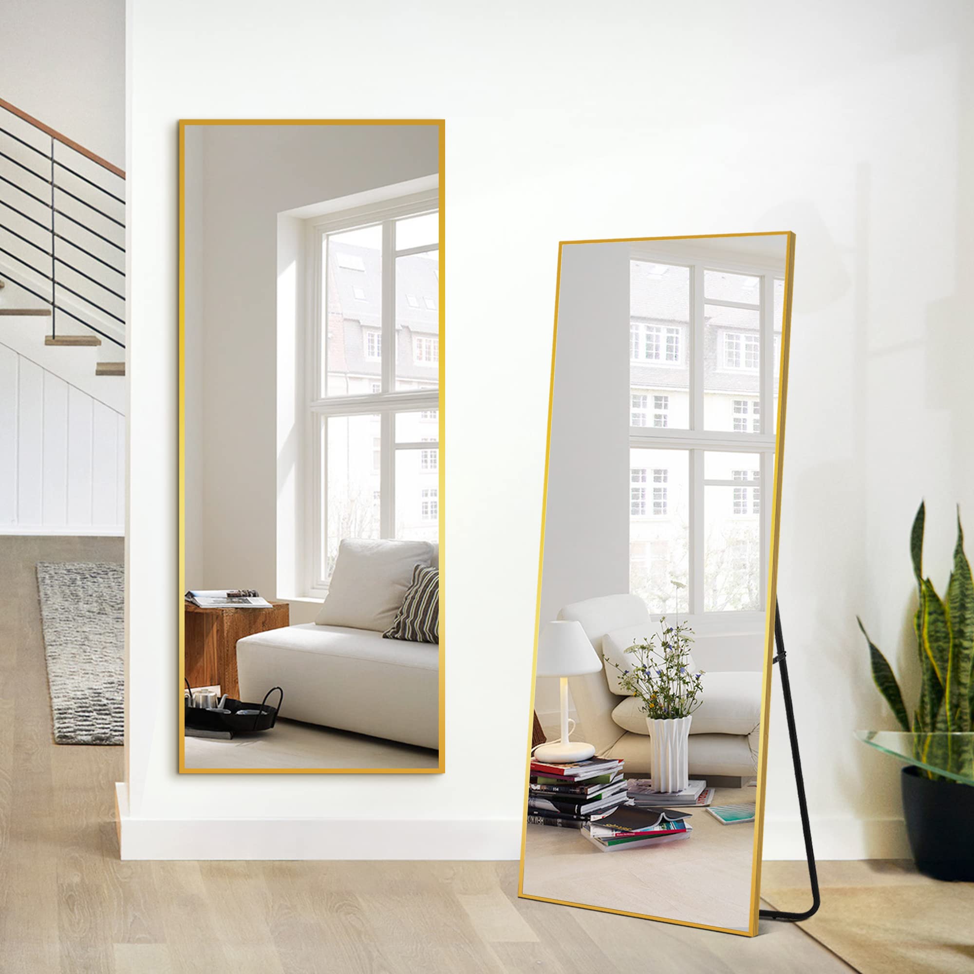 Pexfix Full Body Mirror Full Length Mirror with Gold Aluminum Alloy Frame Mirror Full Length with Stand Wall Mounted Mirror Hanging Mirror for Wall Bedroom Bathroom Living Room Decor,43''×16'' (1013)
