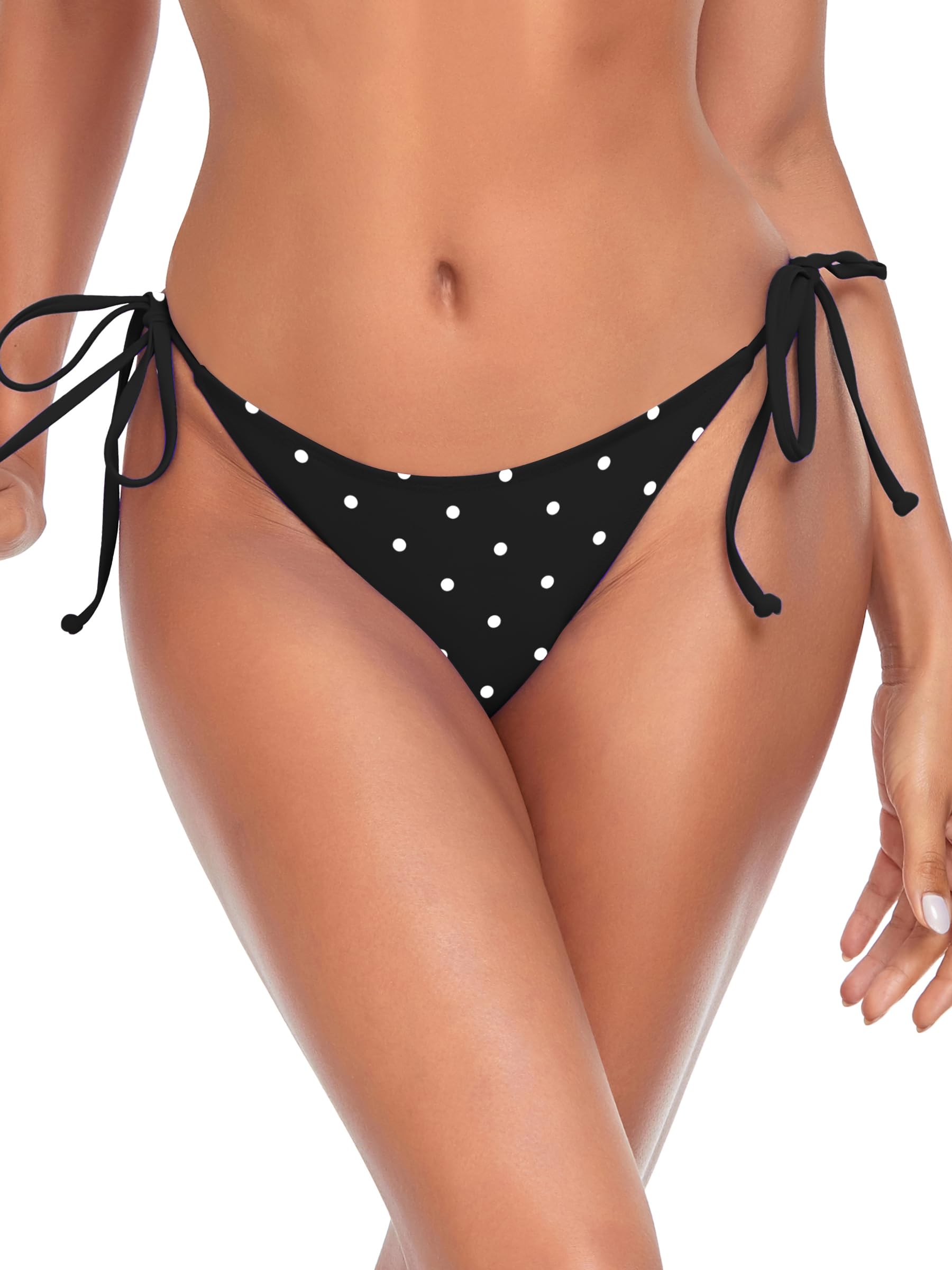 RELLECIGA Women's Black Polka Dot Tie-side Thong Bikini Bottom Size X-Small