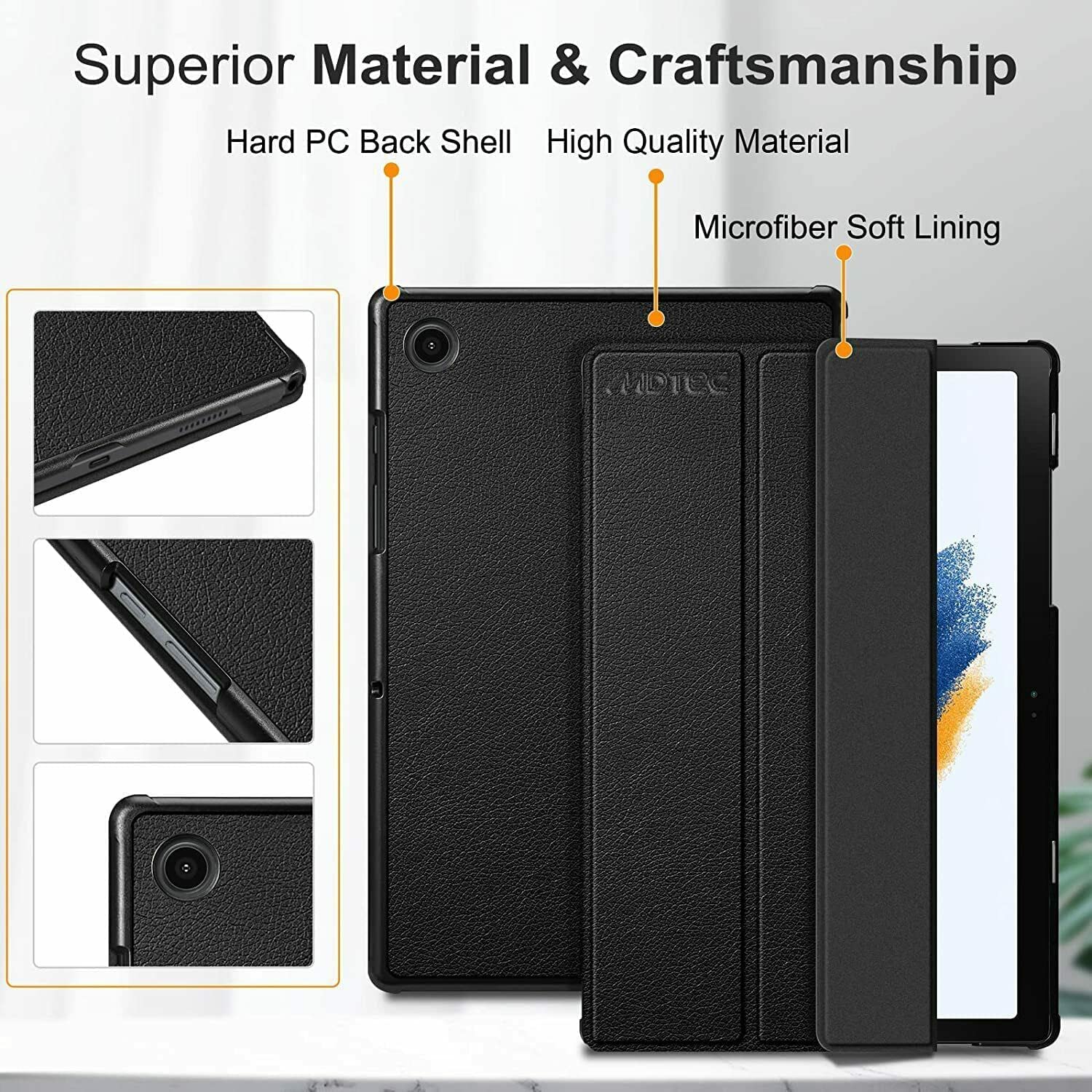 SAMSUNG 2022 Galaxy Tab A8 10.5” Inch 64GB Wi-Fi Android 11 Touchscreen International Tablet Bundle – MDTec Hard Back Tri-Fold Stand Cover Case and 64GB microSD Card [Gray]