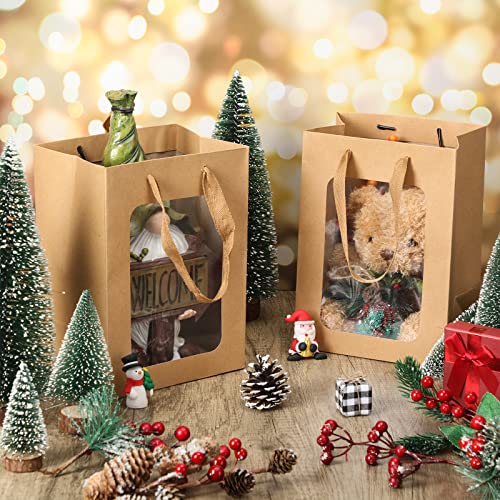 50 Pcs Paper Gift Bags with Transparent Window Kraft Shopping Bags with Handles 9.8 x 7.1 x 5.1 in Clear Gift Bags Small Transparent Window Bag for Valentine's Day Present Festival Party (Brown)